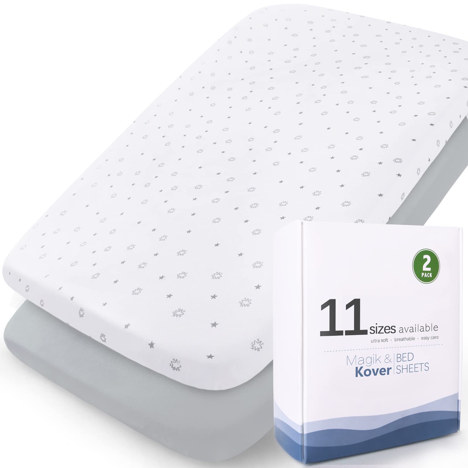 Bassinet Sheets 2 Pack 32" x 18"-Fit for Arm's Reach Clear-Vue & Cambria Co-Sleeper, RONBEI Bedside Bassinet, Chicco LullaGo Nest Portable Bassinet, Ultra Soft & Super Stretchy, Grey & White Star