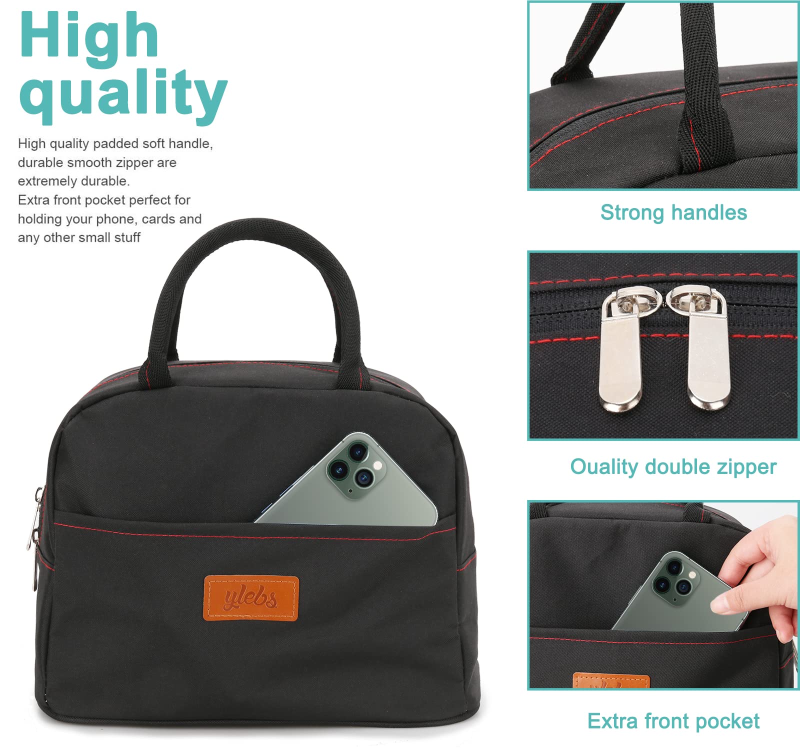 Ylebs Lunch Bag for Women Insulated Lunch Box,Black Adult Reusable Cooler Tote Bag for Work,Water-resistant Thermal