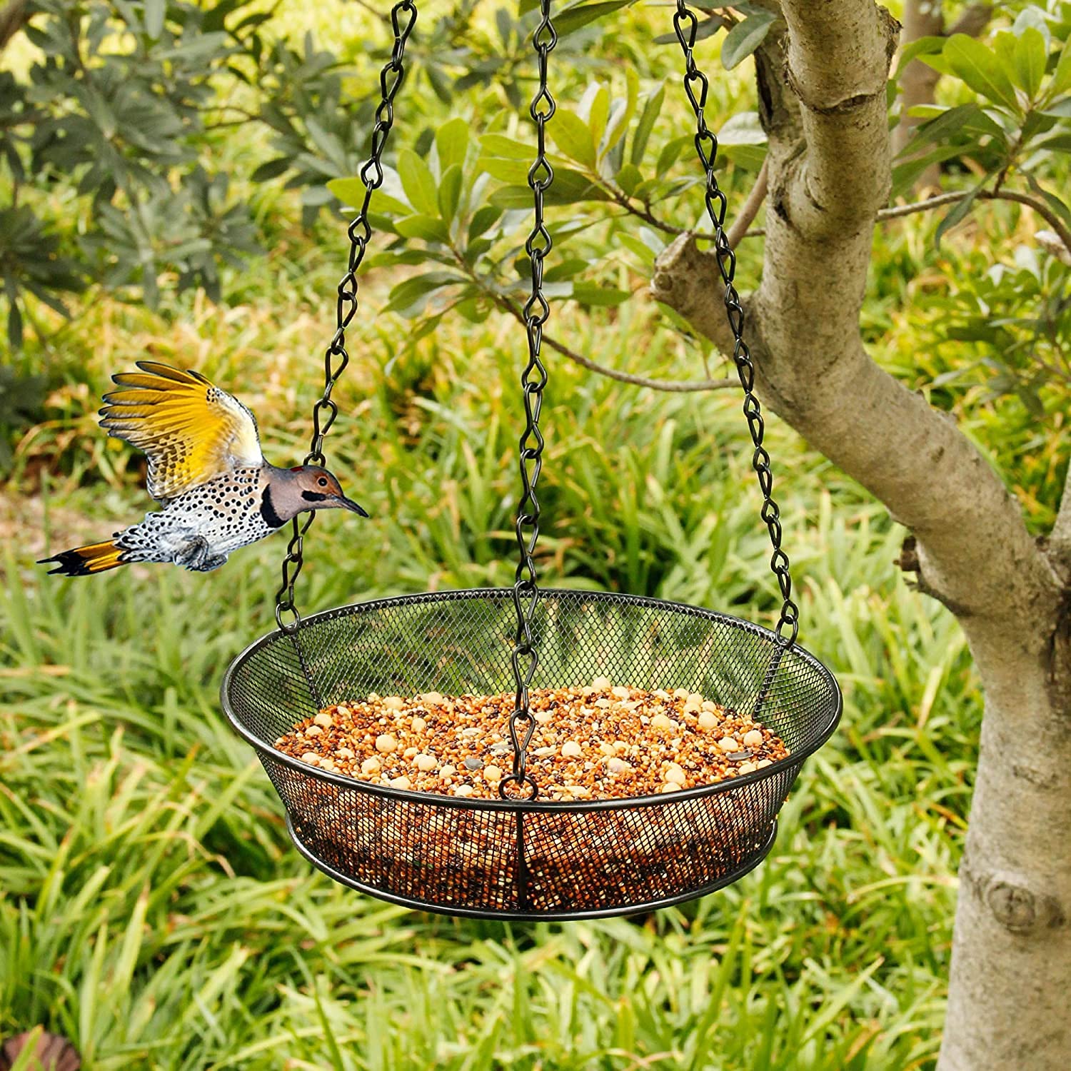 FLINTER Hanging Bird Feeder, Bird Feeder Hanging for Garden Yard Outside Hanging Bird Feeder Tray - Metal Mesh Platform Feeders for Birds Outside Outdoors Hanging for Attracting Birds - Genuine