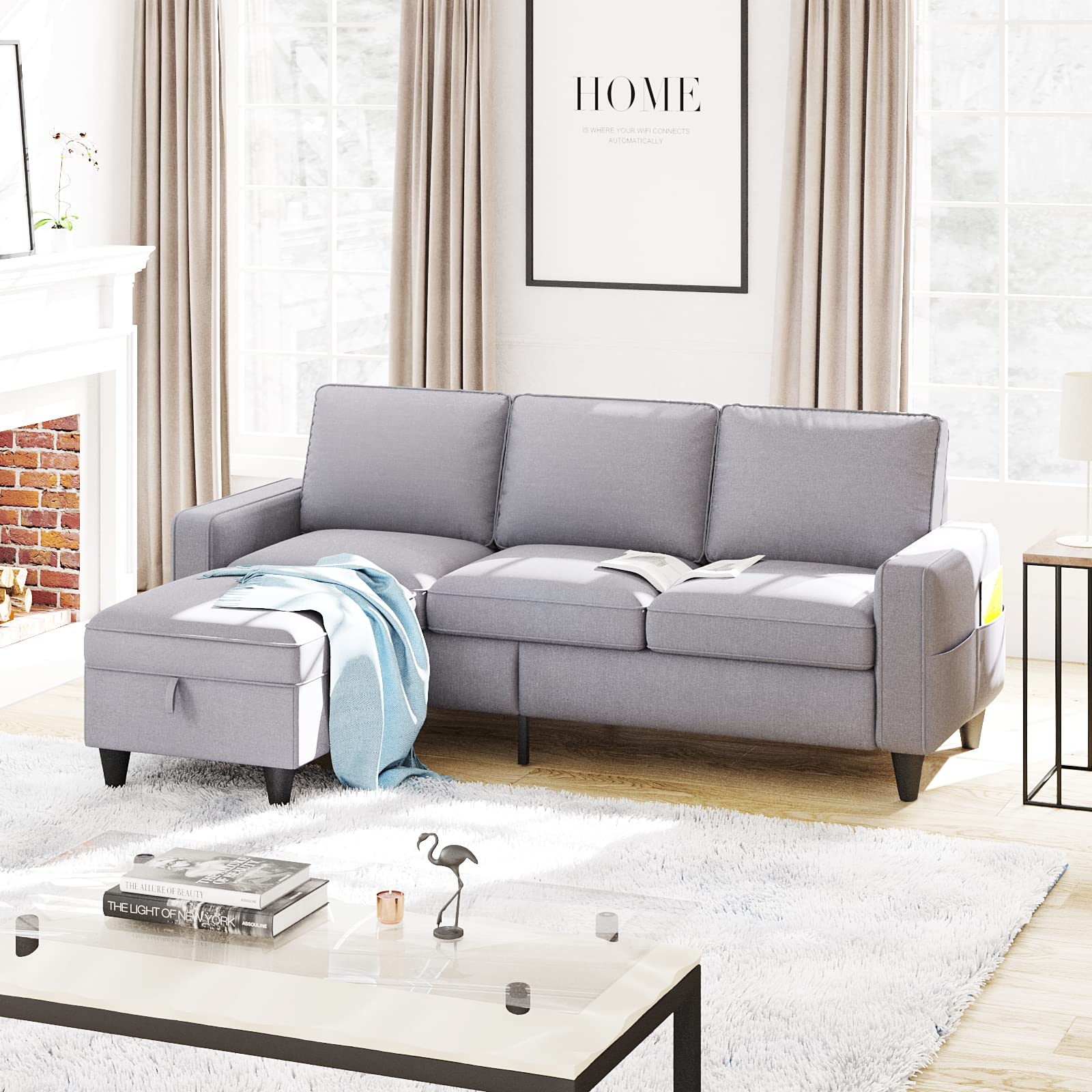 Lonkwa Convertible L-Shaped Sectional Sofa with Reversible Ottoman, 3-Seat Gray Couch for Living Rooms, Apartments, Offices, Small Spaces