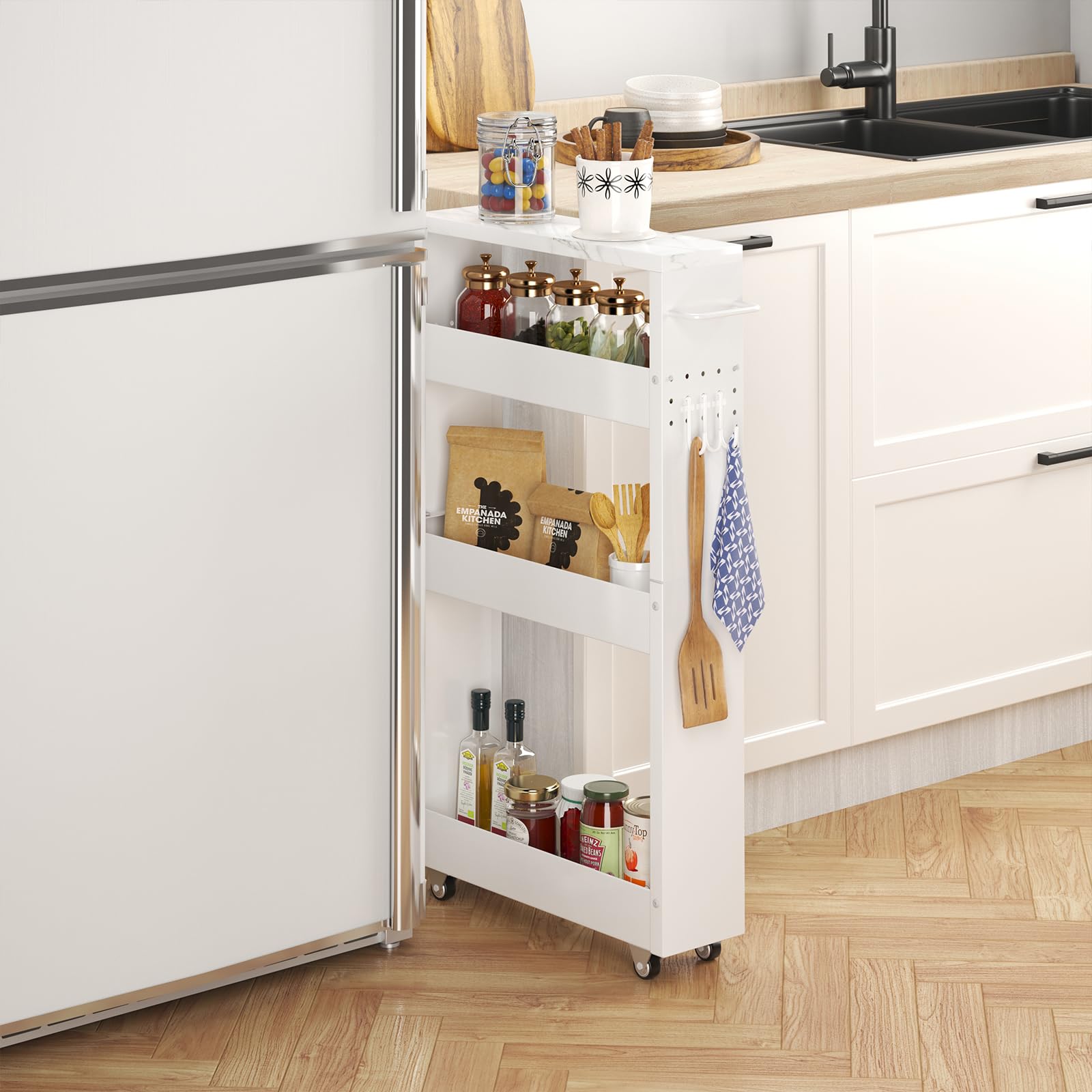XYZLVSI Slim Storage Cart, 5 in Width, 4-Tier White Rolling Cart with Handle & Wooden Top for Kitchen Bathroom Laundry Narrow Places