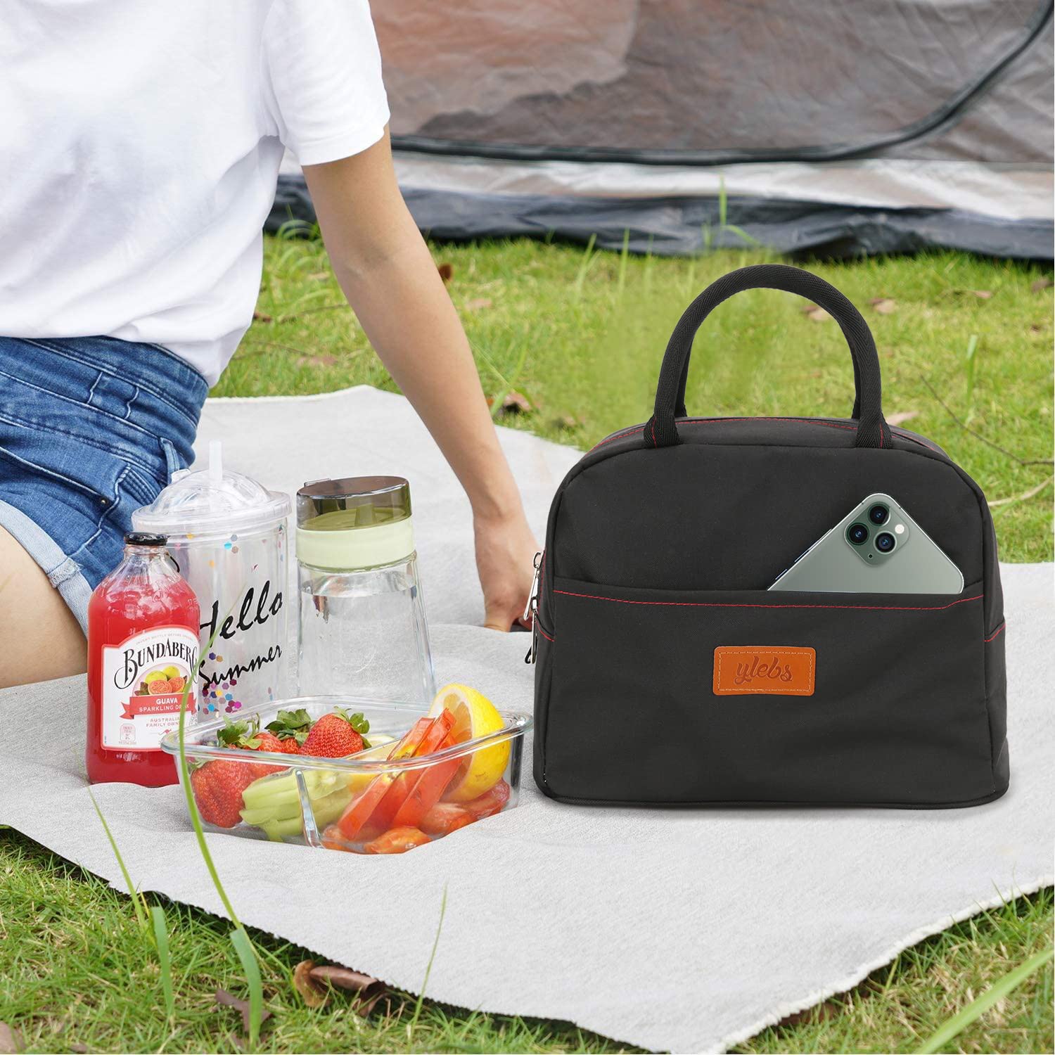 Ylebs Lunch Bag for Women Insulated Lunch Box,Black Adult Reusable Cooler Tote Bag for Work,Water-resistant Thermal