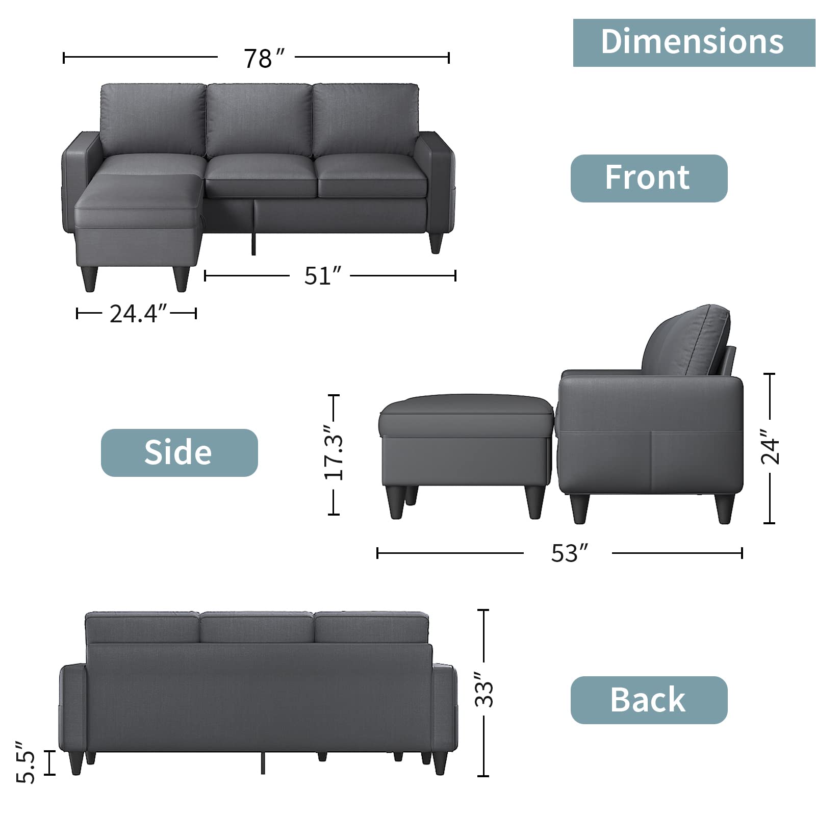 Lonkwa L-Shaped Couch Couches for Living Room, Convertible Sectional Sofa with Storage Ottoman, 3-Seat Grey Sectional Sofas for Living Room/Bedroom/Office/Small Space