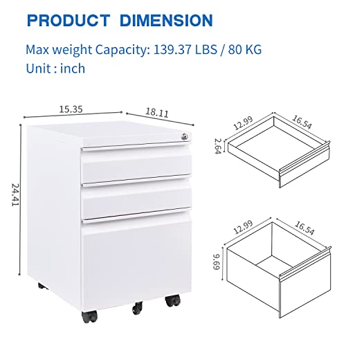 Modern Office File Cabinet 3 Drawer File Cabinet Metal Filing Cabinet on Anti-tilt Wheels Mobile Lateral Printer Stand Office File Cabinets for Home Office Organization and Storage (White)