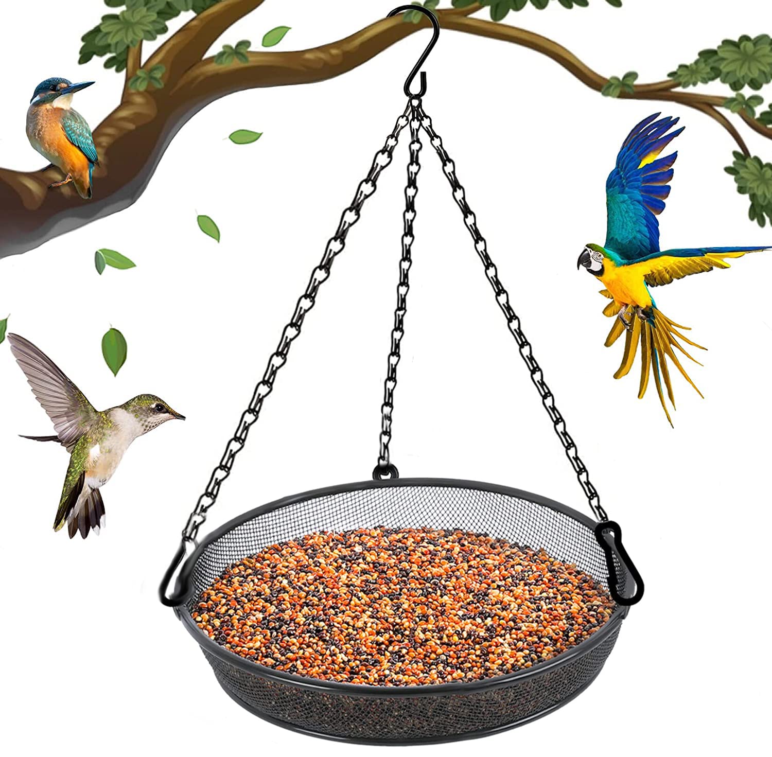 FLINTER Hanging Bird Feeder, Bird Feeder Hanging for Garden Yard Outside Hanging Bird Feeder Tray - Metal Mesh Platform Feeders for Birds Outside Outdoors Hanging for Attracting Birds - Genuine
