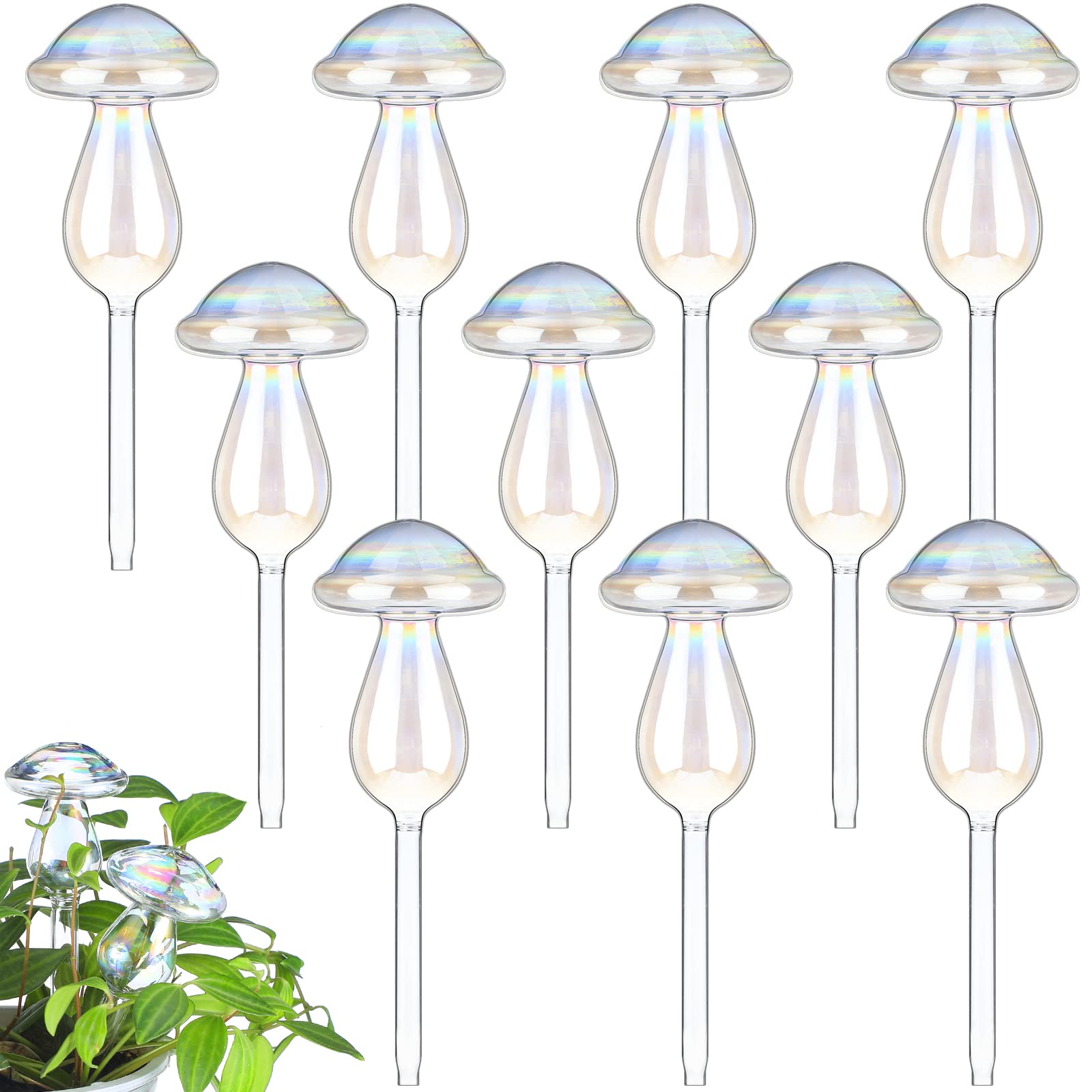 meekoo Plant Watering Globes 10 Pack Iridescent Rainbow Clear Glass Planter Insert Plant Watering Devices for Indoor Outdoor(Mushroom)