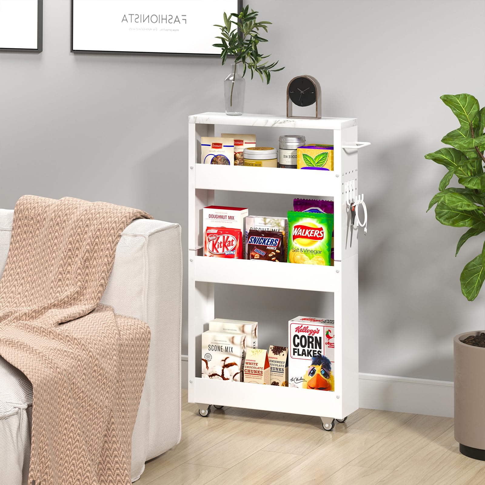 XYZLVSI Slim Storage Cart, 5 in Width, 4-Tier White Rolling Cart with Handle & Wooden Top for Kitchen Bathroom Laundry Narrow Places