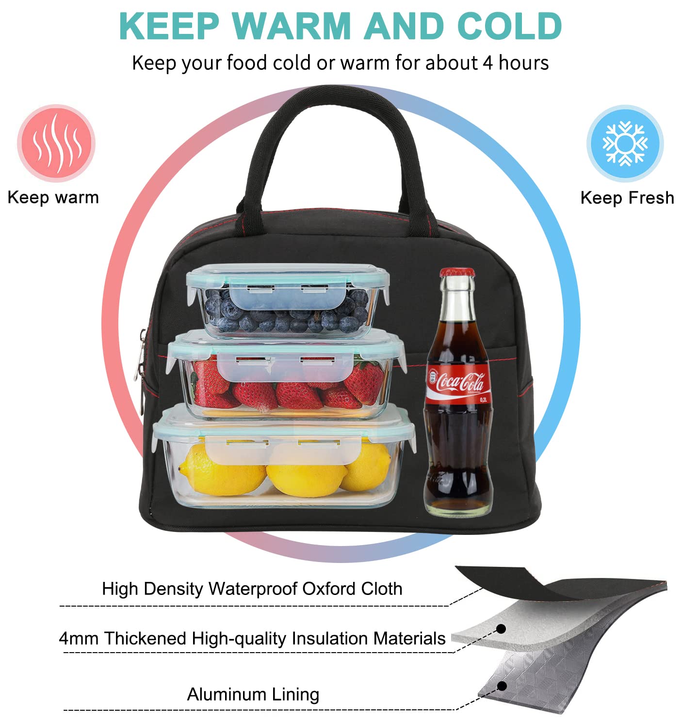 Ylebs Lunch Bag for Women Insulated Lunch Box,Black Adult Reusable Cooler Tote Bag for Work,Water-resistant Thermal