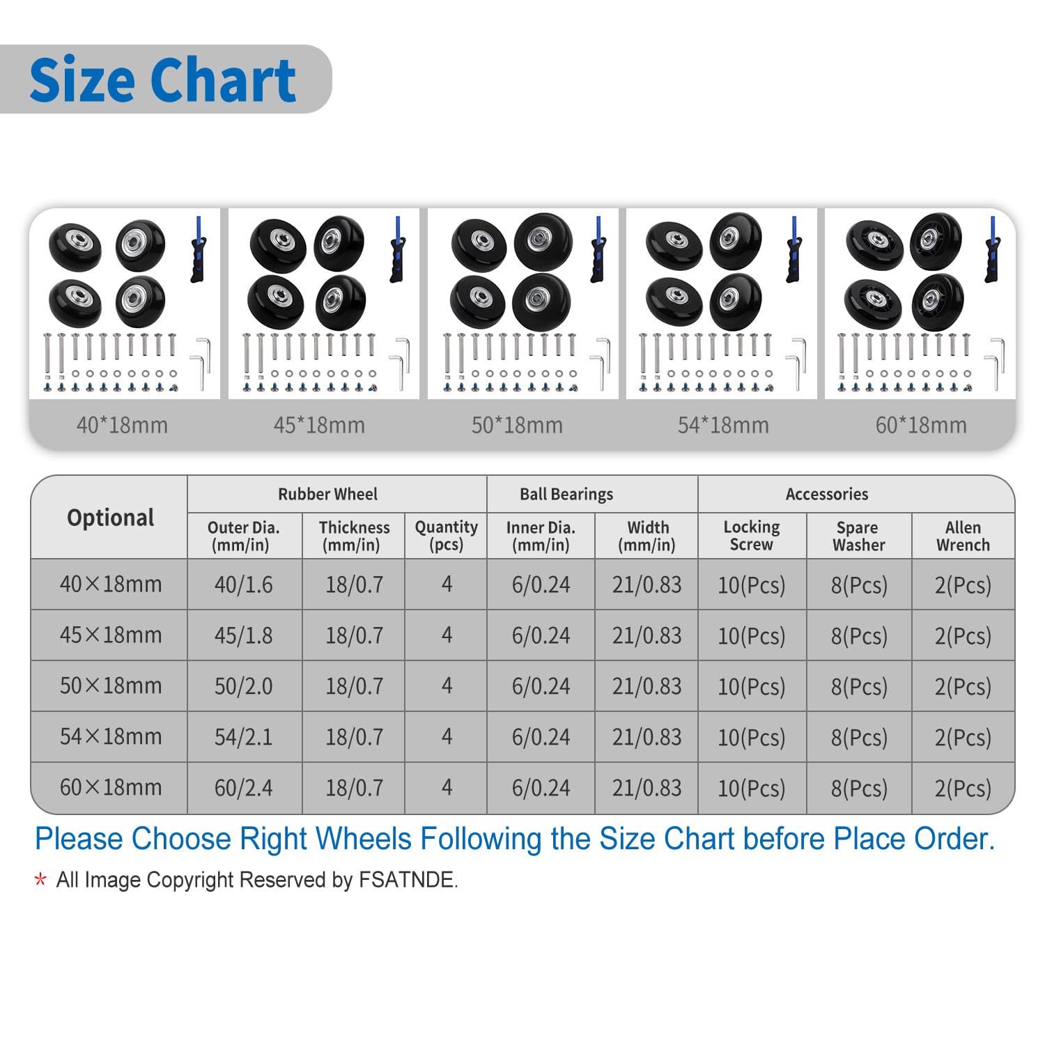 FSATNDE Luggage Suitcase Replacement Wheels Set of 4 PU Bearing Wheels-Install Width 0.8in/21mm with 3 Size Axles and Hacksaw for Trolley Bag Drawbar Box Smooth Rolling Repair(60x18mm)