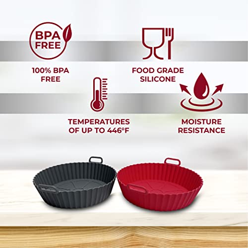 Air Fryer Silicone Liners Set of 2 Air Fryer Liners Pot Reusable Silicone Liners for Cooking, Baking, Oven Safe Replacement of Flammable Parchment Liner paper Grey+Red (Top 8 in, Bottom 6.8in)