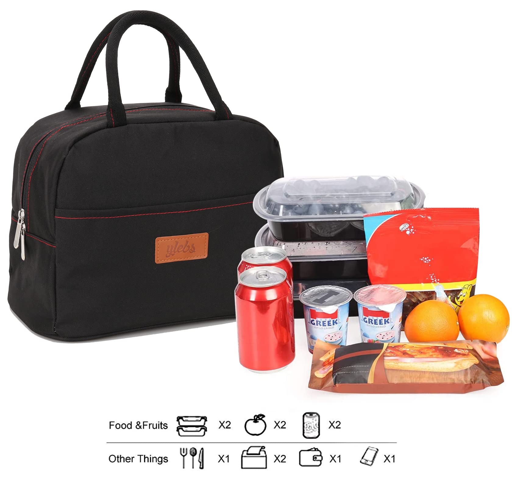Ylebs Lunch Bag for Women Insulated Lunch Box,Black Adult Reusable Cooler Tote Bag for Work,Water-resistant Thermal