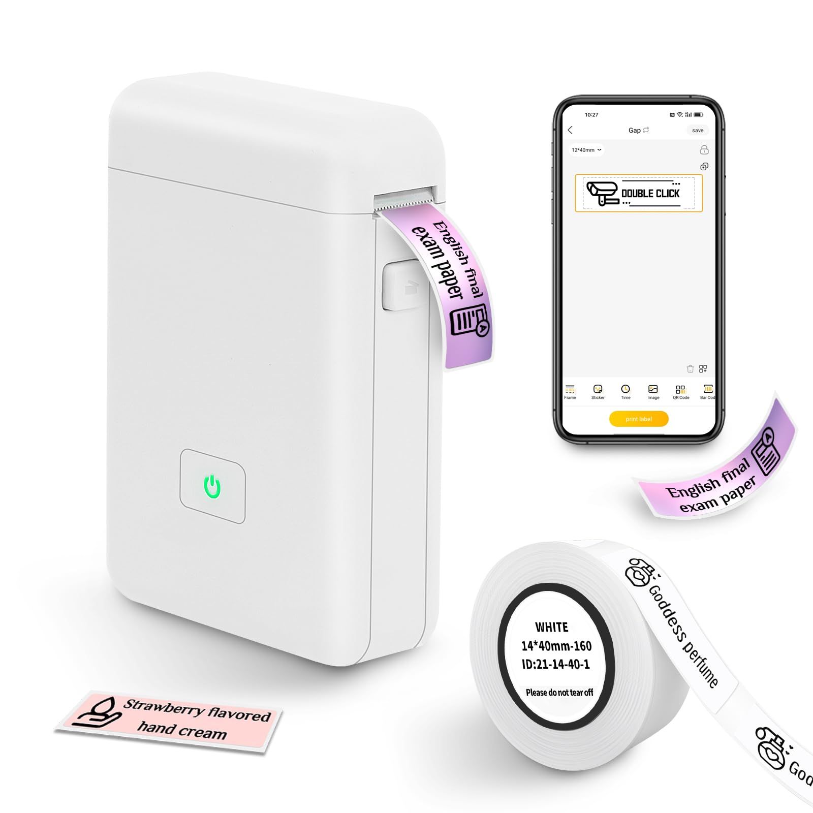 vretti Label Maker Machine with Tape, HP2 Portable Bluetooth Label Printer for Storage, Shipping, Barcode, Office, Home, Organizing Mini Sticker Label Maker with Multiple Templates (White)
