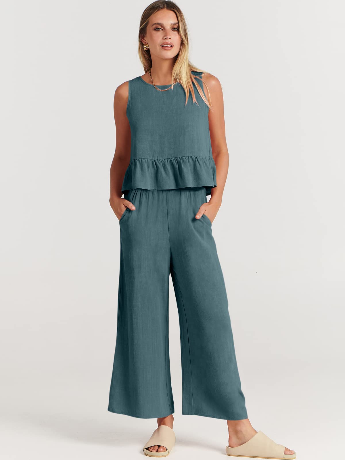 ANRABESS Women Summer 2 Piece Outfits Sleeveless Tank Crop Top Wide Leg Pants Linen Jumpsuits Lounge Matching Beach Sets Cyan Blue Large