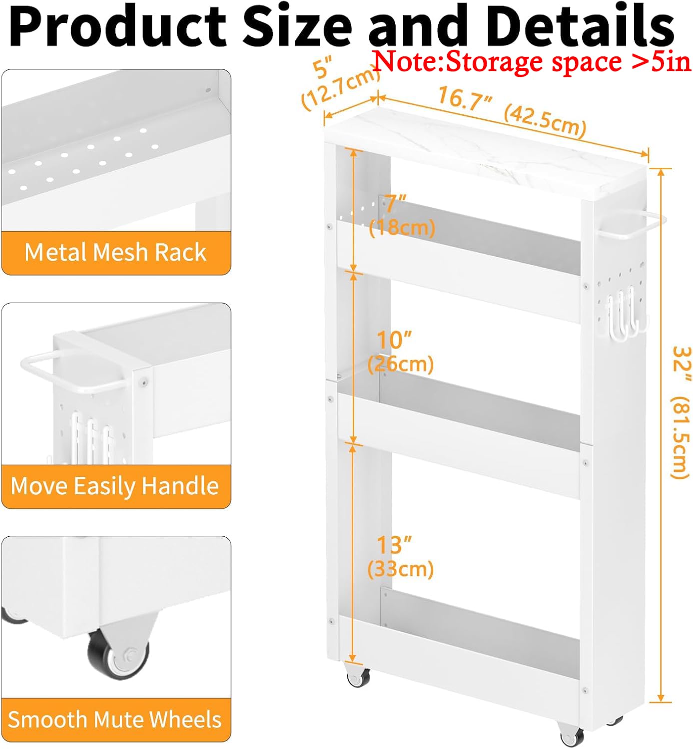 XYZLVSI Slim Storage Cart, 5 in Width, 4-Tier White Rolling Cart with Handle & Wooden Top for Kitchen Bathroom Laundry Narrow Places