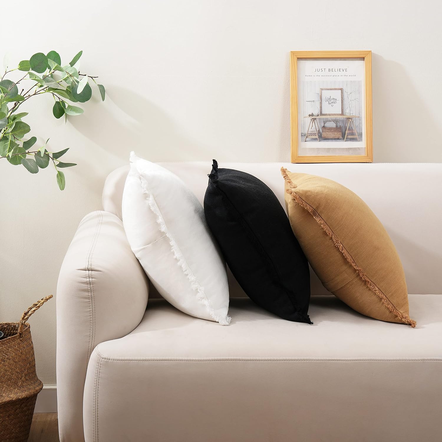 Linen Fringed Throw Pillow Cover - Soft Cozy Boho Cushion Covers with Tassel for Couch Sofa Farmhouse Natural Decor Burlap Pillowcase, Black 18x18 inches