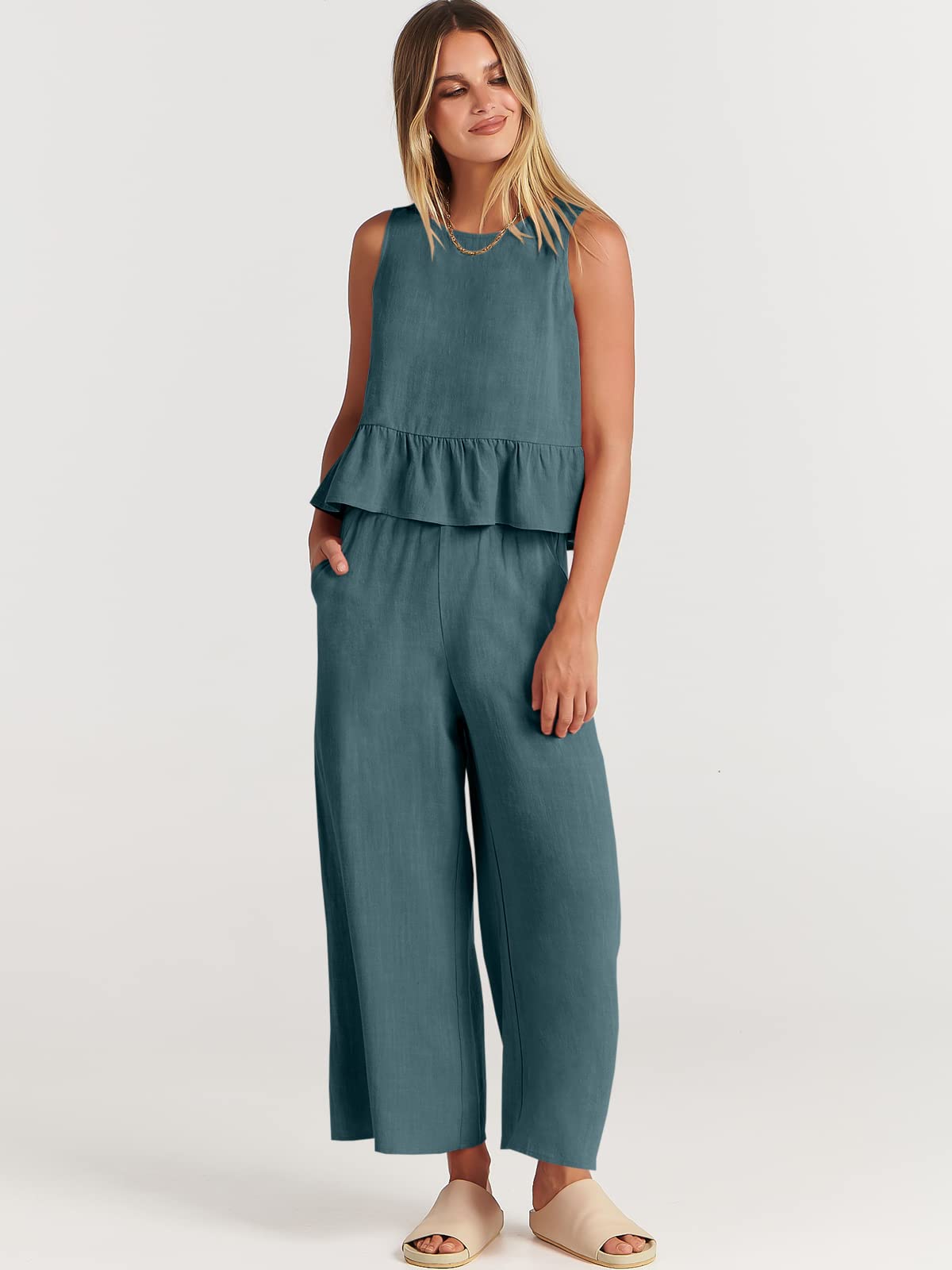 ANRABESS Women Summer 2 Piece Outfits Sleeveless Tank Crop Top Wide Leg Pants Linen Jumpsuits Lounge Matching Beach Sets Cyan Blue Large