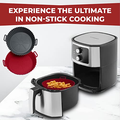 Air Fryer Silicone Liners Set of 2 Air Fryer Liners Pot Reusable Silicone Liners for Cooking, Baking, Oven Safe Replacement of Flammable Parchment Liner paper Grey+Red (Top 8 in, Bottom 6.8in)