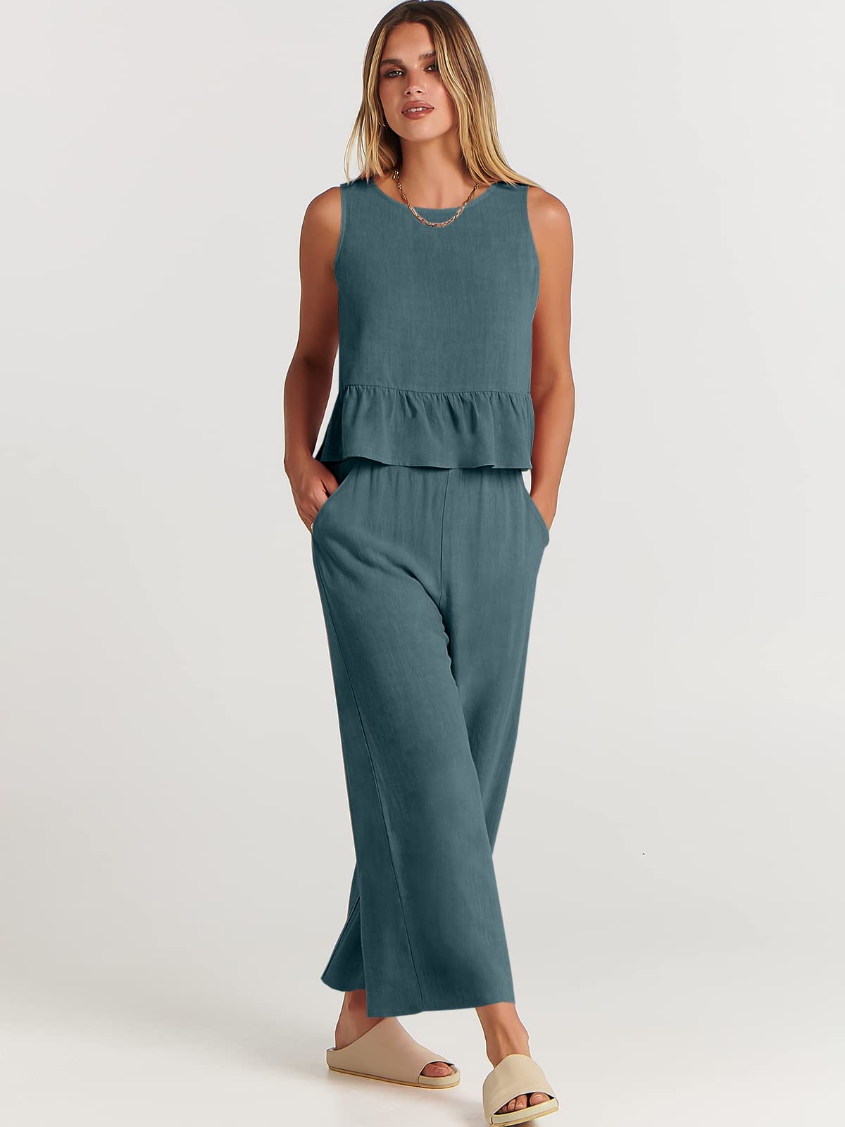 ANRABESS Women Summer 2 Piece Outfits Sleeveless Tank Crop Top Wide Leg Pants Linen Jumpsuits Lounge Matching Beach Sets Cyan Blue Large