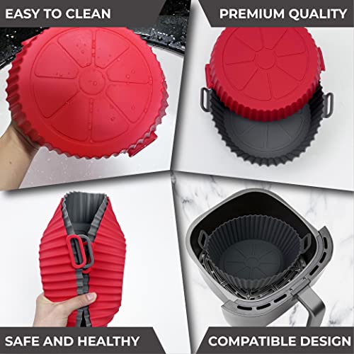 Air Fryer Silicone Liners Set of 2 Air Fryer Liners Pot Reusable Silicone Liners for Cooking, Baking, Oven Safe Replacement of Flammable Parchment Liner paper Grey+Red (Top 8 in, Bottom 6.8in)