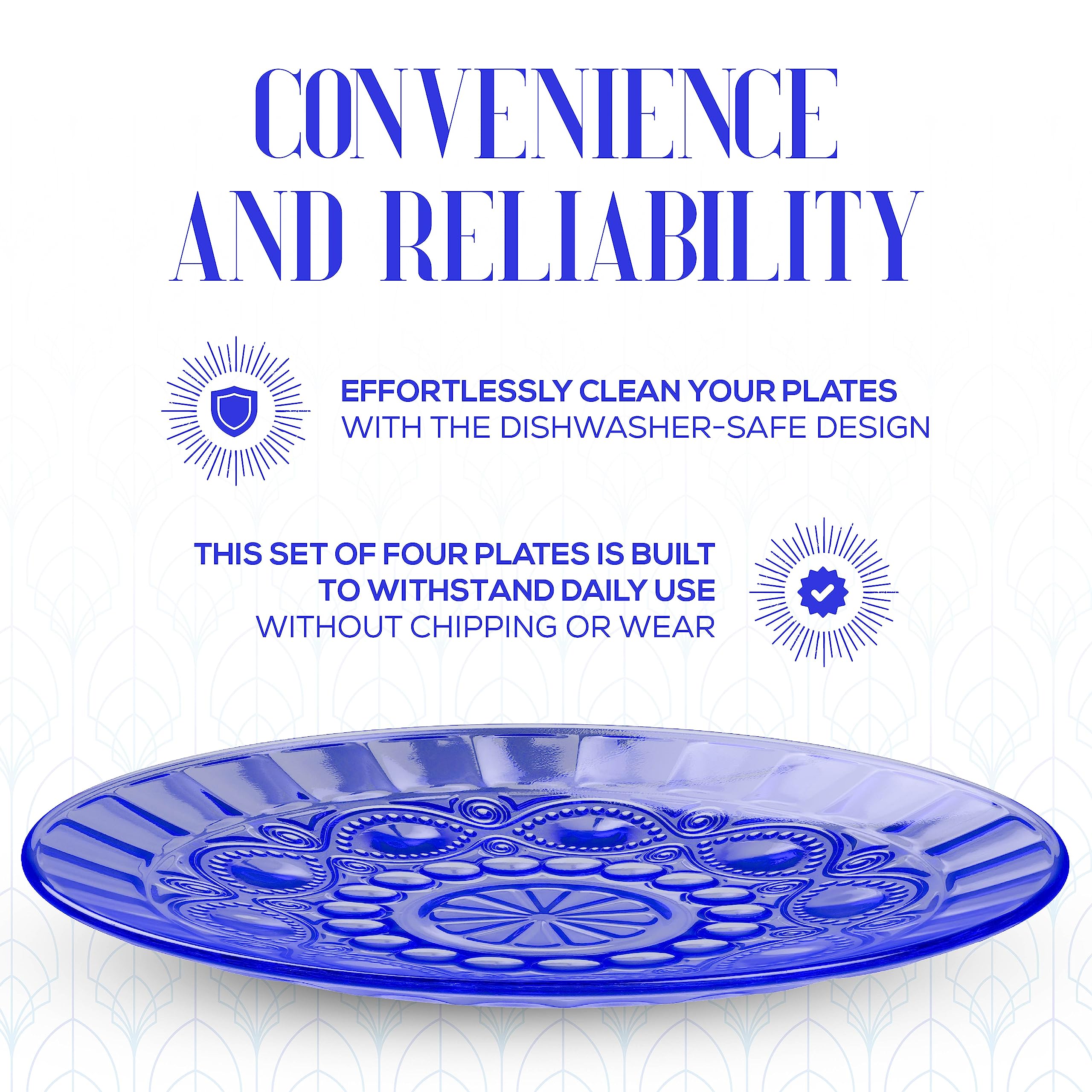 elle decor Glass Dessert Plate | Set of 4 | Blue | 6-Inch | Dessert, Dinner, or Appetizer Plate | Snack, Fruit, or Side Plate | Serveware | Glass Design | Dishwasher Safe
