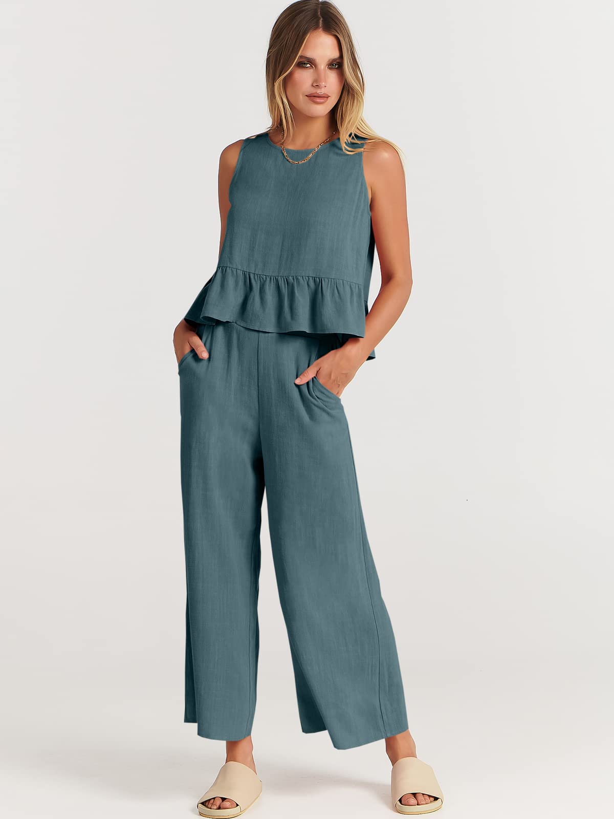 ANRABESS Women Summer 2 Piece Outfits Sleeveless Tank Crop Top Wide Leg Pants Linen Jumpsuits Lounge Matching Beach Sets Cyan Blue Large