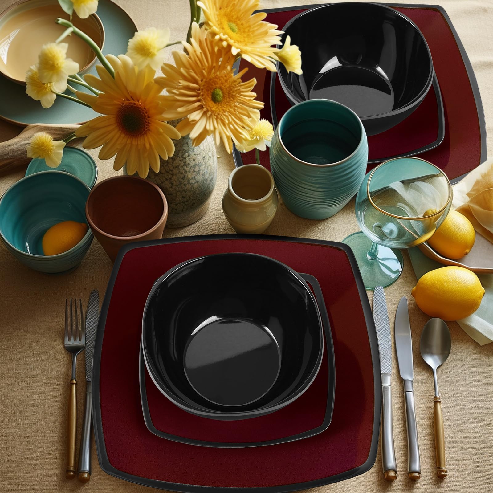 afcevnlb Square Melamine Dinnerware Sets 12 Piece Service for 4 Deep Red Plates and Bowls Sets for Indoor/Outdoor Grill, Holiday Party, Camping