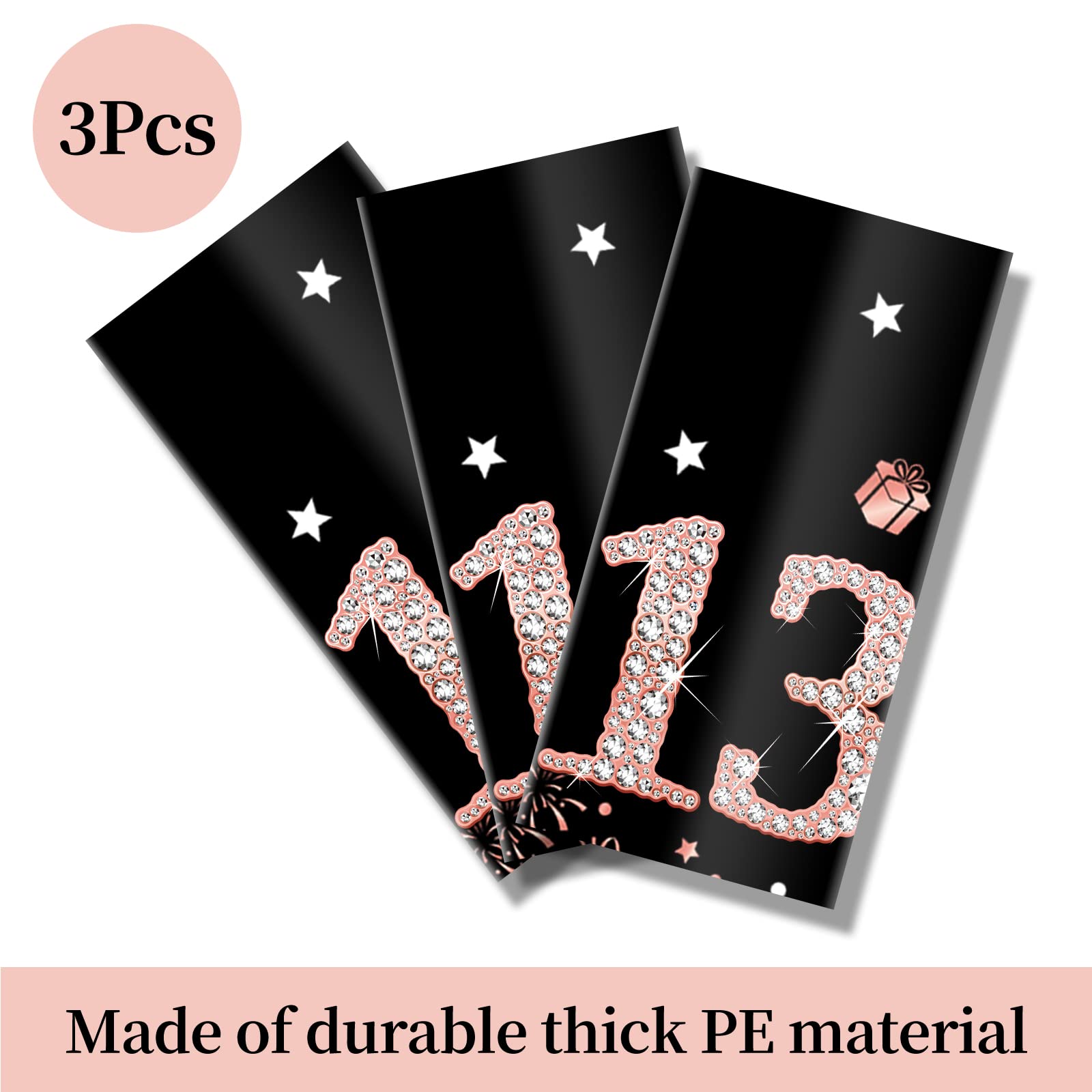 3 Pack 13th Birthday Tablecloth Decorations for Girls，Rose Gold Happy 13 Birthday Table Cover Party Supplies, 13 Years Old Birthday Plastic Disposable Rectangular Table Cloth Decor