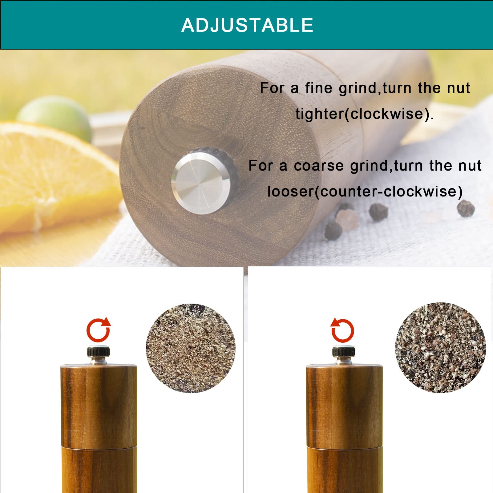 Yvake Wooden Salt and Pepper Grinder,8 Inch Manual Salt and Pepper Mill, Adjustable Coarseness and Refillable,Acacia Wood Pepper shakers for your kitchen