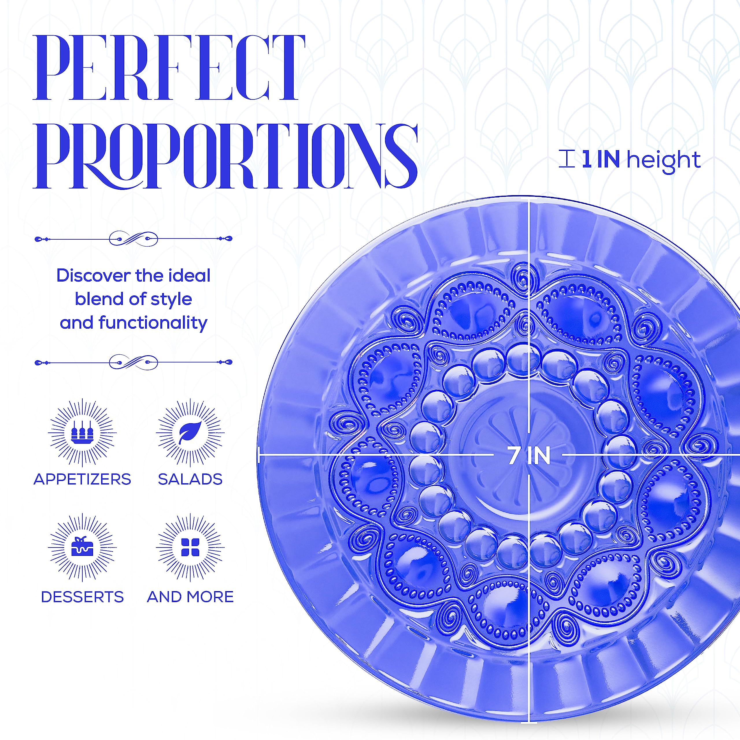 elle decor Glass Dessert Plate | Set of 4 | Blue | 6-Inch | Dessert, Dinner, or Appetizer Plate | Snack, Fruit, or Side Plate | Serveware | Glass Design | Dishwasher Safe