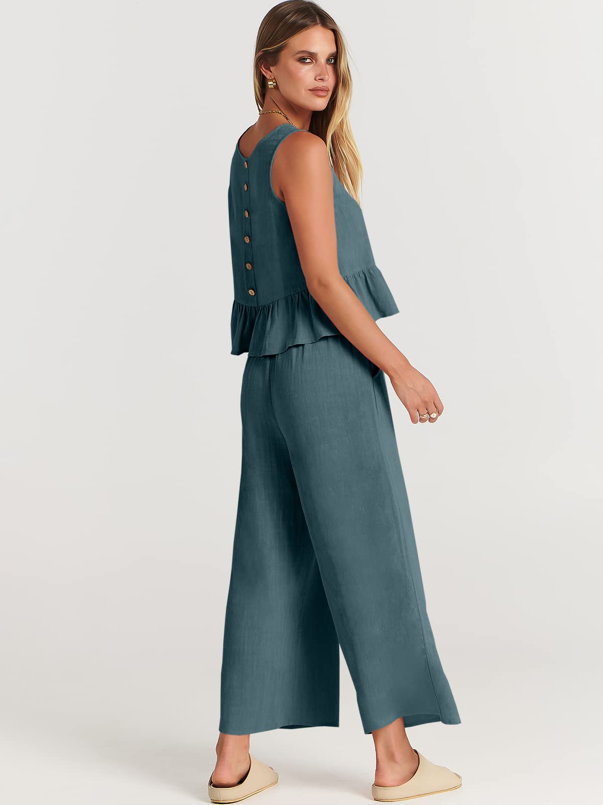 ANRABESS Women Summer 2 Piece Outfits Sleeveless Tank Crop Top Wide Leg Pants Linen Jumpsuits Lounge Matching Beach Sets Cyan Blue Large