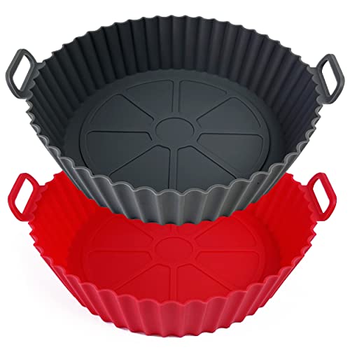 Air Fryer Silicone Liners Set of 2 Air Fryer Liners Pot Reusable Silicone Liners for Cooking, Baking, Oven Safe Replacement of Flammable Parchment Liner paper Grey+Red (Top 8 in, Bottom 6.8in)