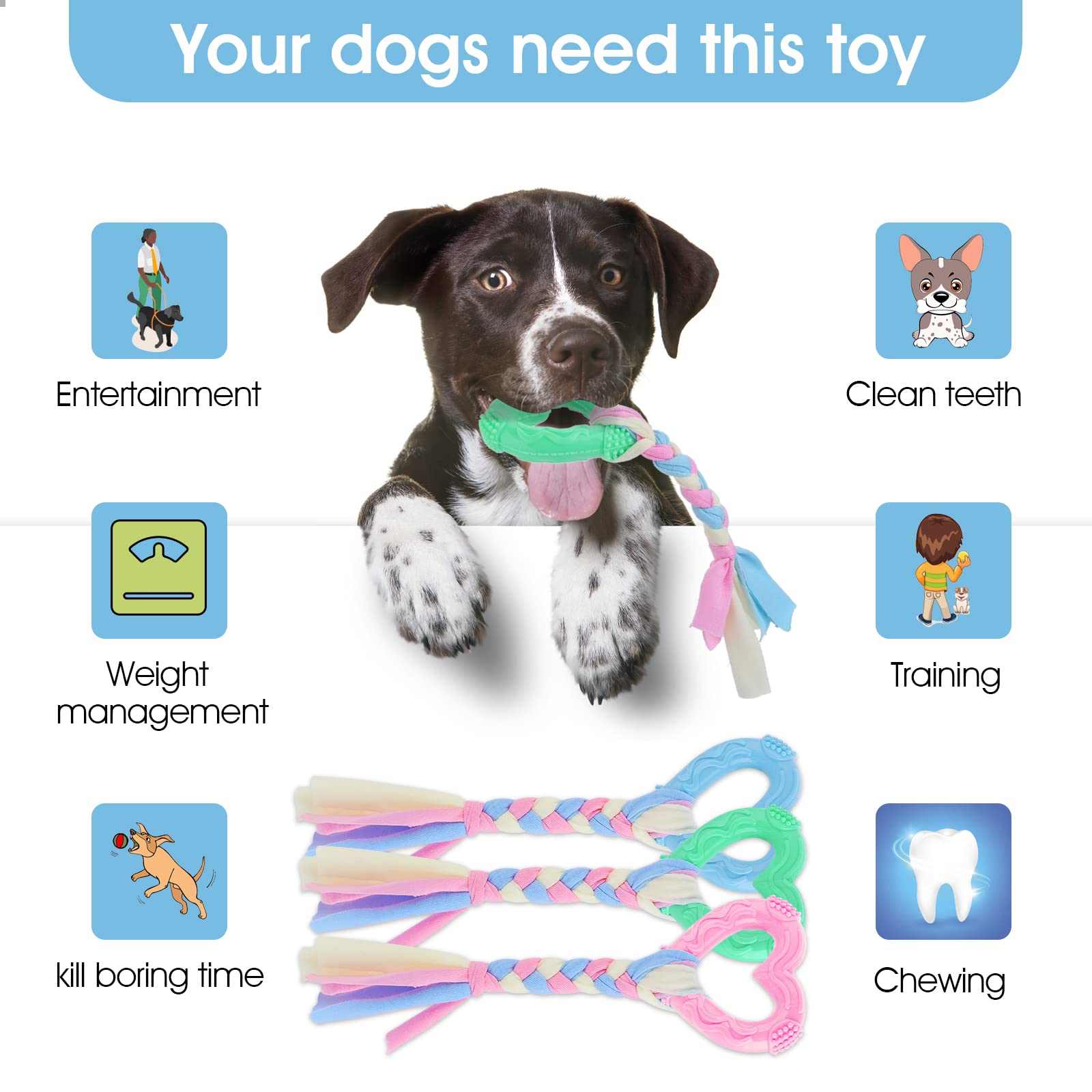 cobee Puppy Toys for Teething Small Dogs, 3 Pcs 360° Deep Clean Small Dog Heart Shaped Chew Ring with Cotton Ropes Interactive Pet Toys for Small Dogs, Oral Teeth Soothes Itching for 2-8 Months Dogs
