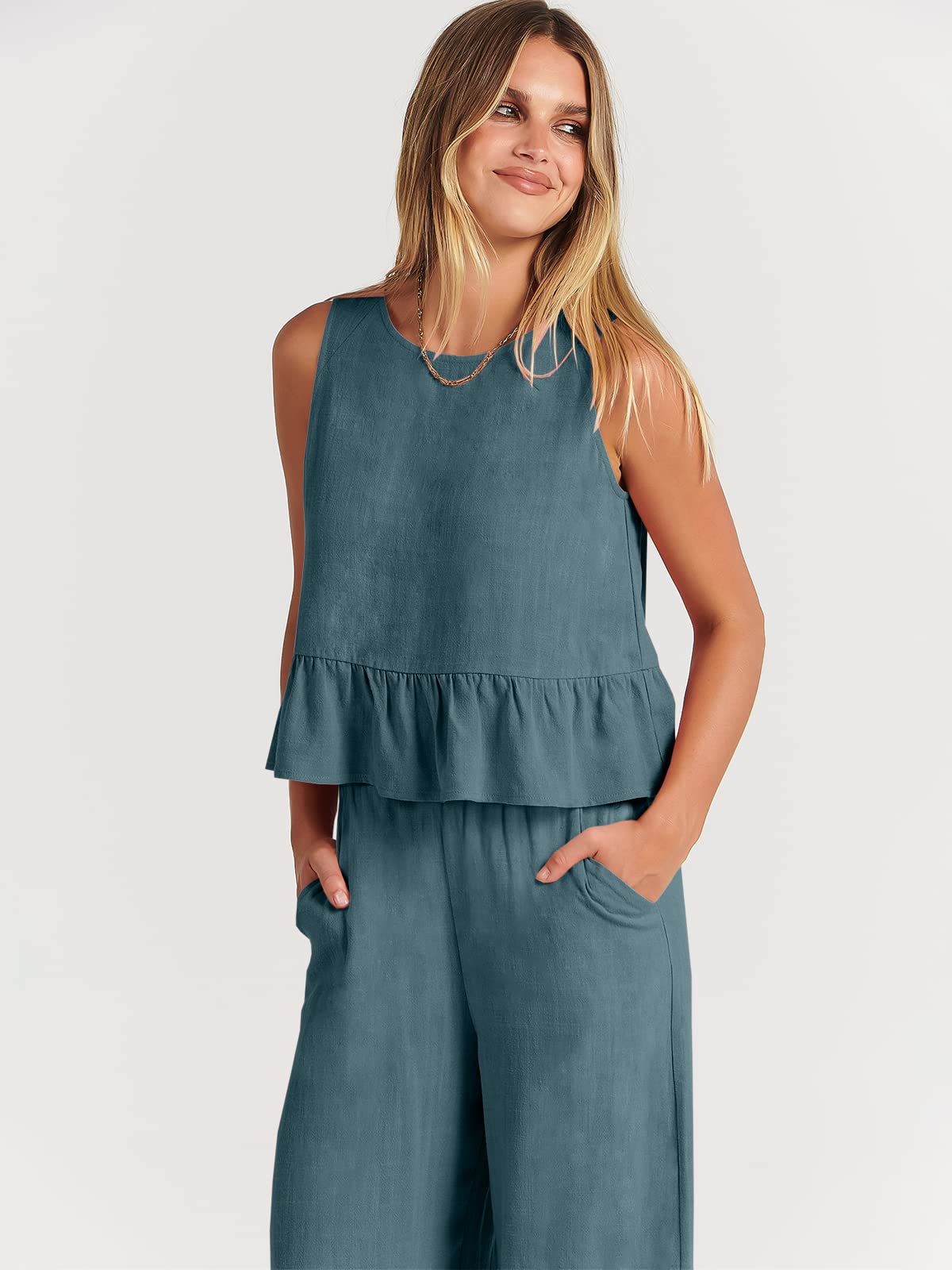 ANRABESS Women Summer 2 Piece Outfits Sleeveless Tank Crop Top Wide Leg Pants Linen Jumpsuits Lounge Matching Beach Sets Cyan Blue Large
