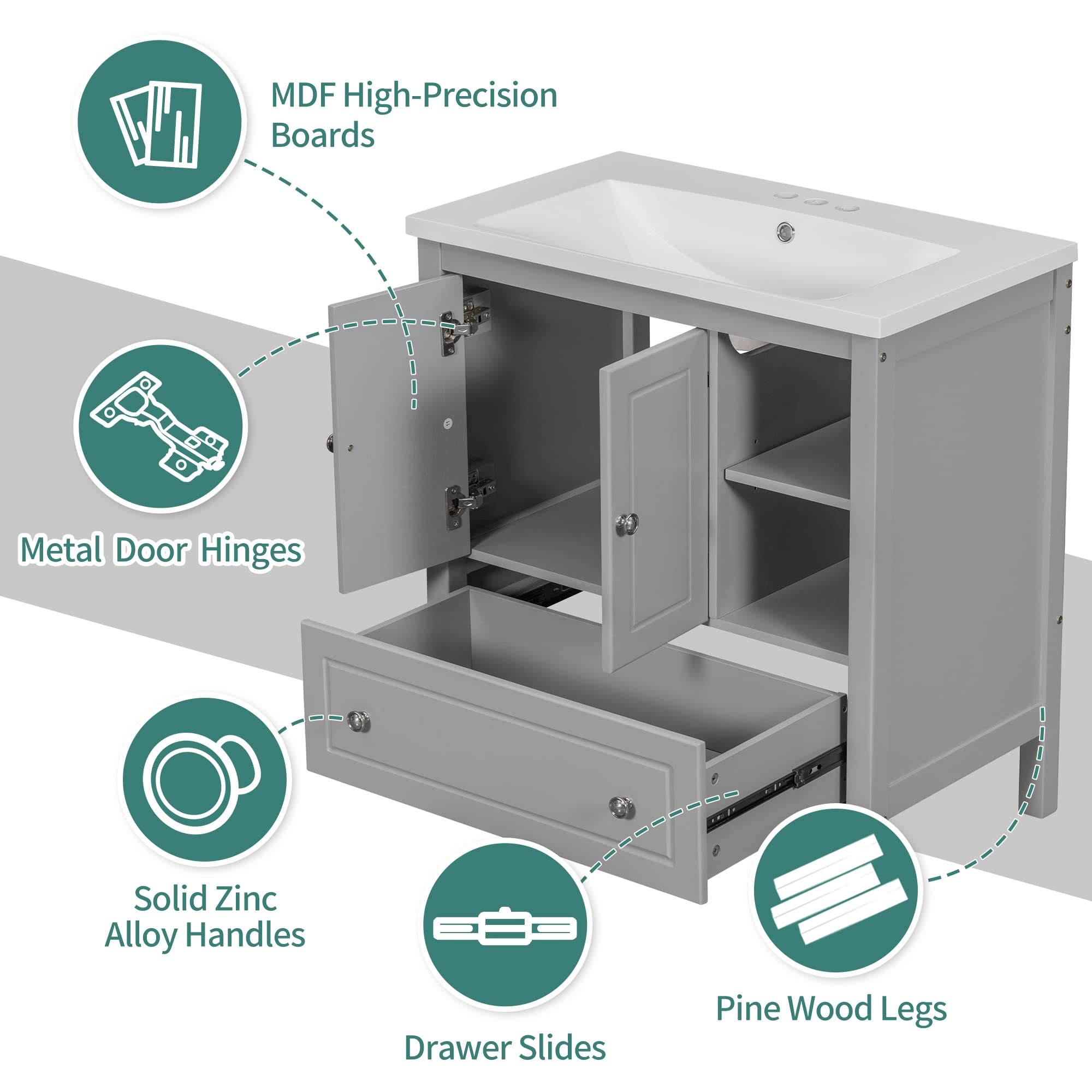 LUMISOL 30" Bathroom Vanity with Sink, Modern Bathroom Vanities with Soft-Closing Doors and Storage Drawer, Solid Wood Bathroom Cabinet with Ceramic Sink, Grey