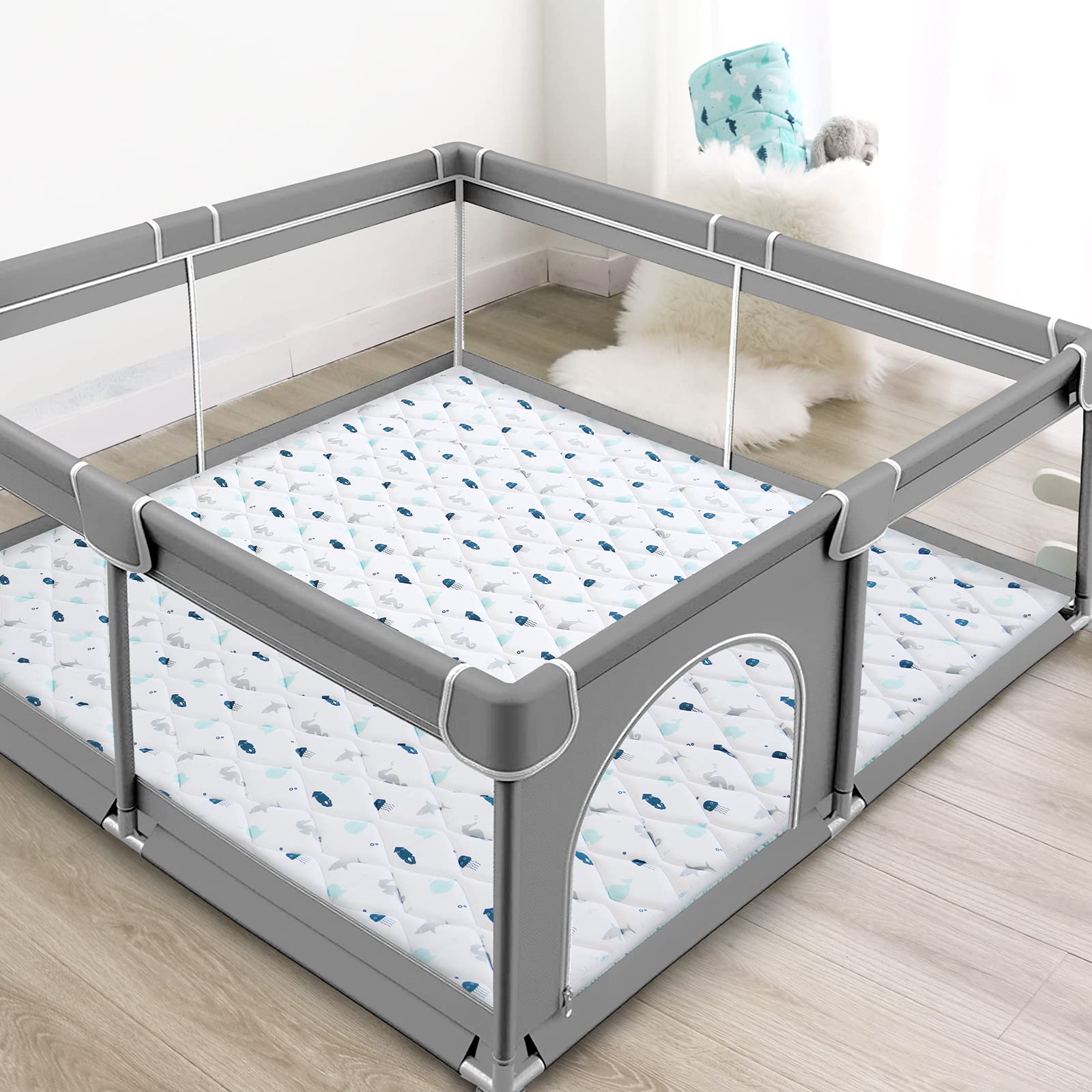 Premium Foam Baby Play Mat 50" X 50", Play Mat for Babies and Toddlers, Baby Floor Play Mat Non Slip Cushioned, Kids Play Mat for Playpen, Thick One-Piece Crawling Mat, Easy Clean, Whale