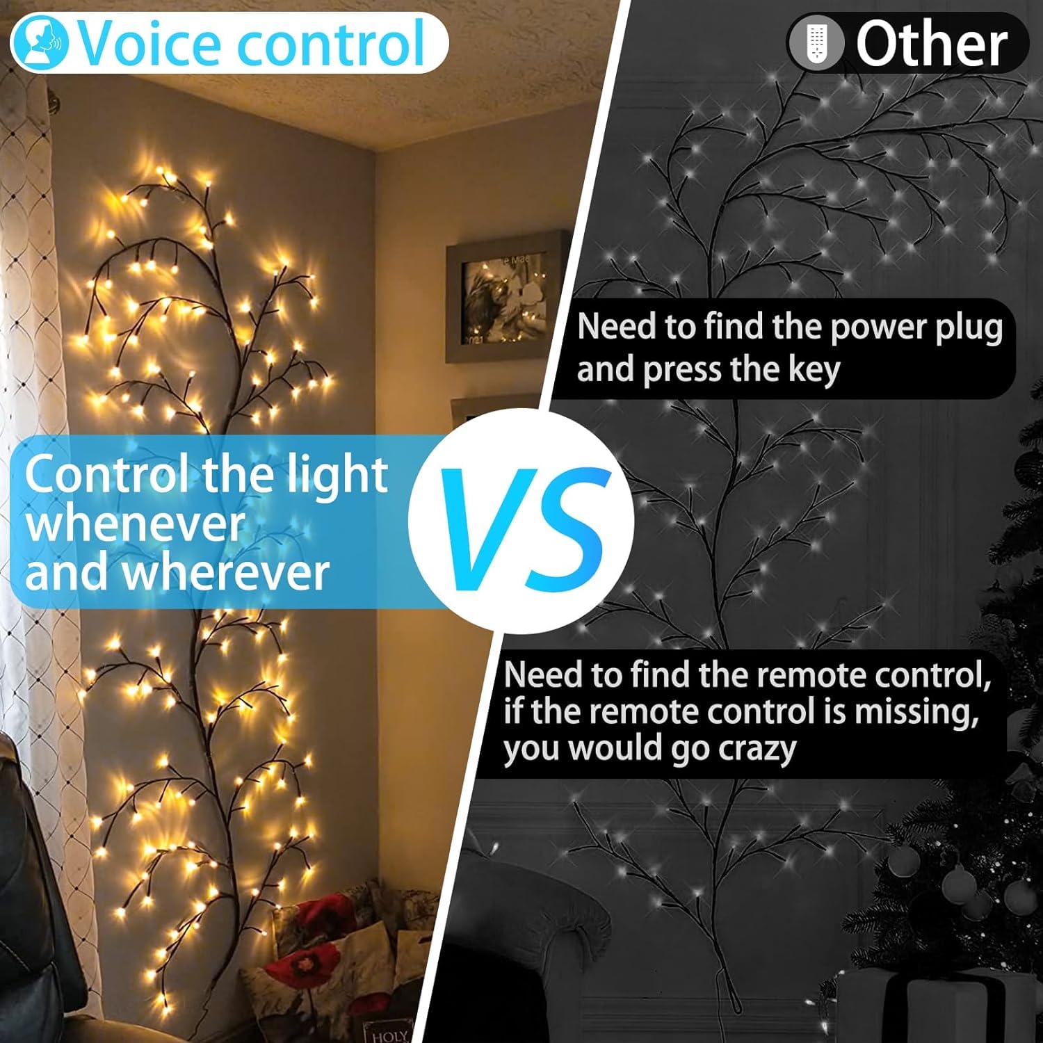 Voice Control Willow Vine Lights, 8 Flash Model Twinkling Tree, 8.5ft Flexible Wall Tree Lights for Living Room Bedroom Decorations, 160 Leds Lighted Tree Branch Lights for Wall Corner Decor (1 pcs)