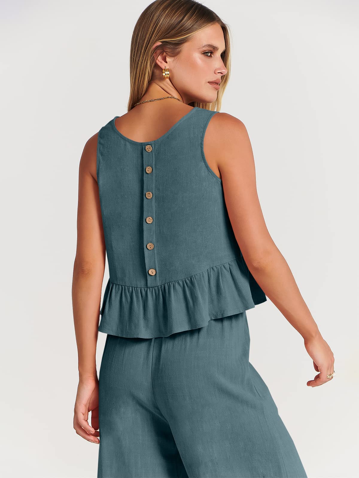 ANRABESS Women Summer 2 Piece Outfits Sleeveless Tank Crop Top Wide Leg Pants Linen Jumpsuits Lounge Matching Beach Sets Cyan Blue Large