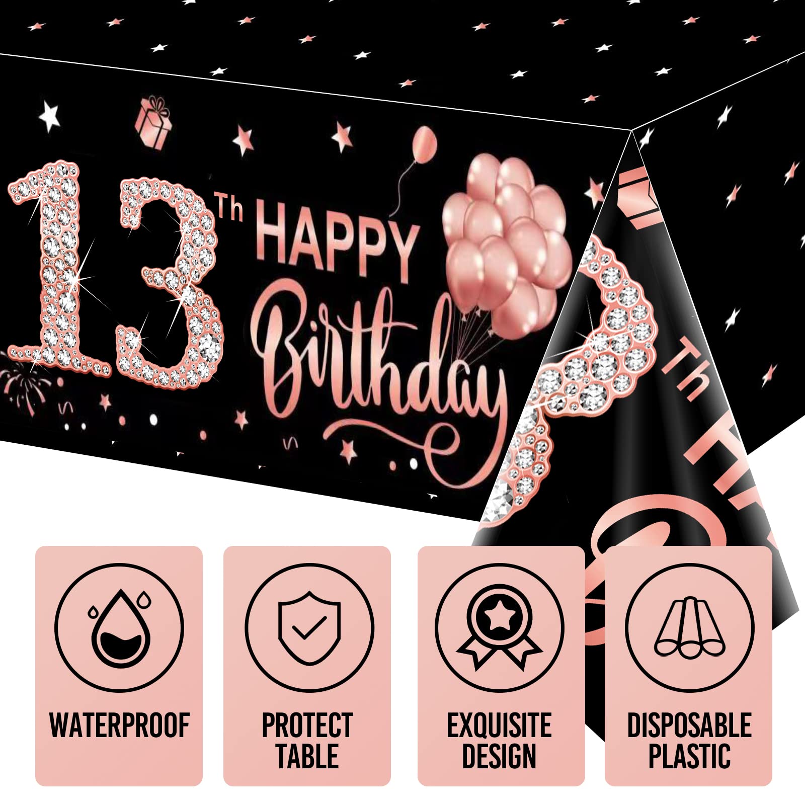 3 Pack 13th Birthday Tablecloth Decorations for Girls，Rose Gold Happy 13 Birthday Table Cover Party Supplies, 13 Years Old Birthday Plastic Disposable Rectangular Table Cloth Decor