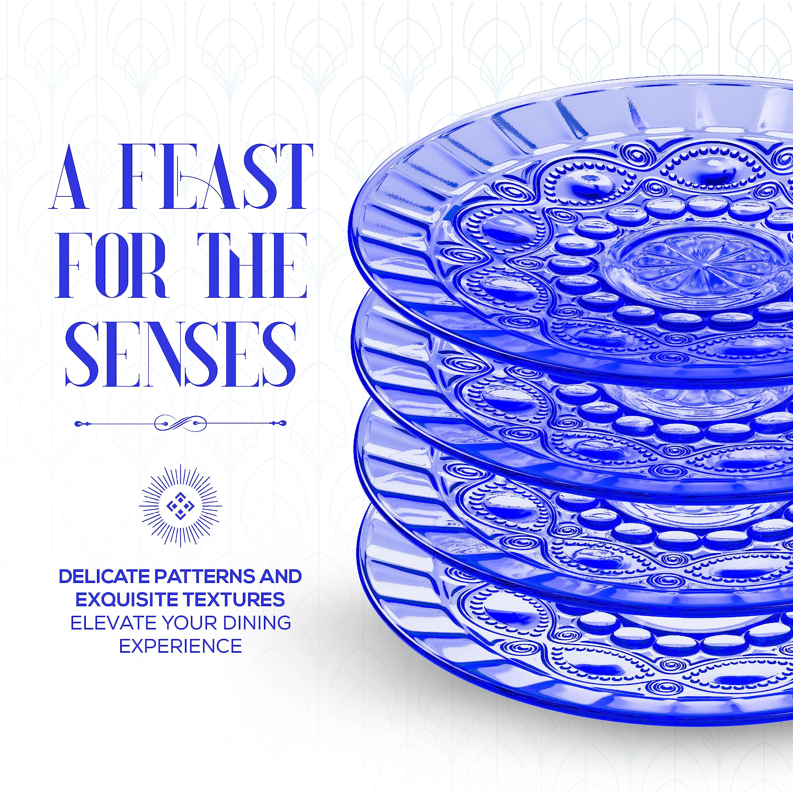 elle decor Glass Dessert Plate | Set of 4 | Blue | 6-Inch | Dessert, Dinner, or Appetizer Plate | Snack, Fruit, or Side Plate | Serveware | Glass Design | Dishwasher Safe