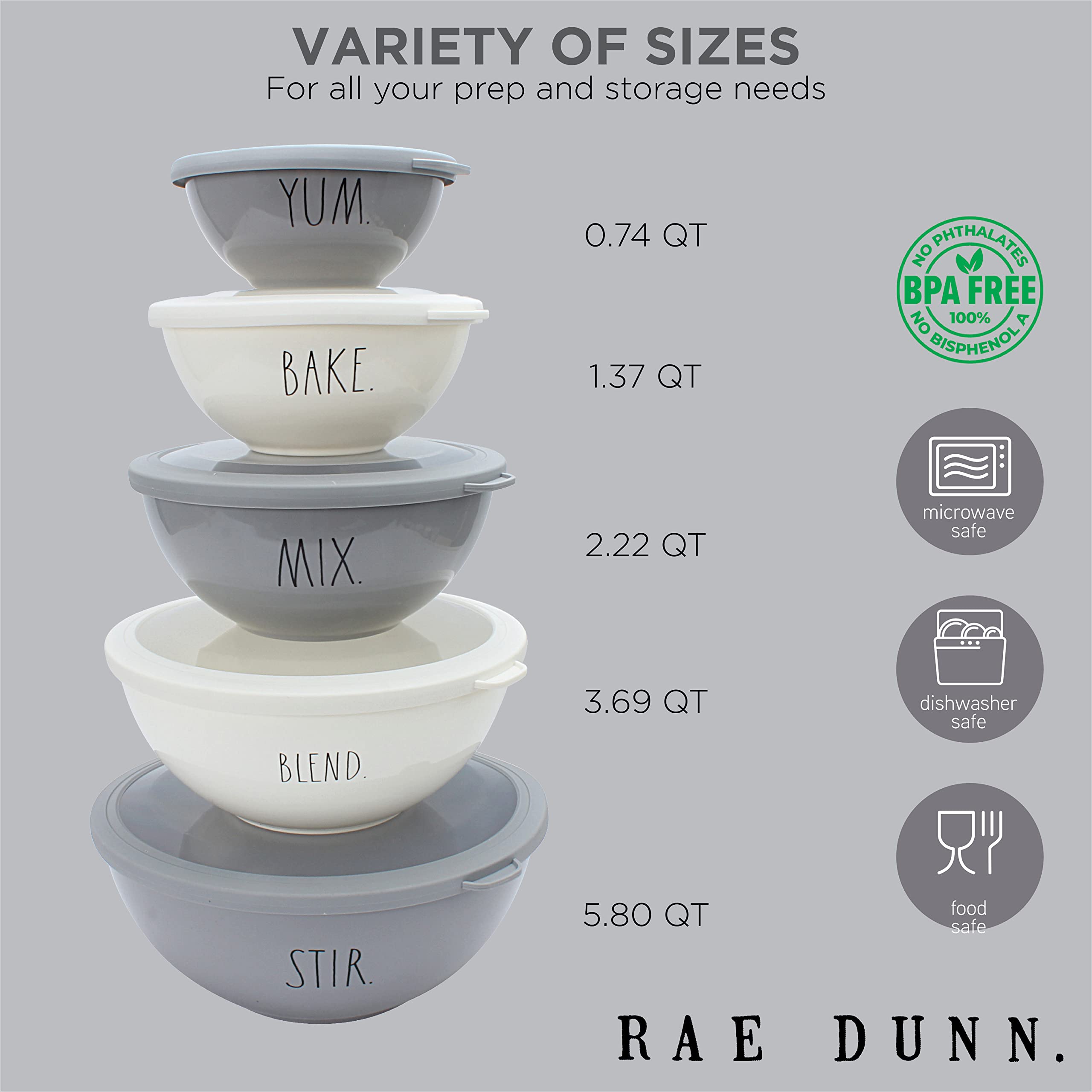 Rae Dunn Mixing Bowls with Lids - 10 Piece Plastic Nesting Bowls Set includes 5 Prep Bowls and 5 Lids (Grey)