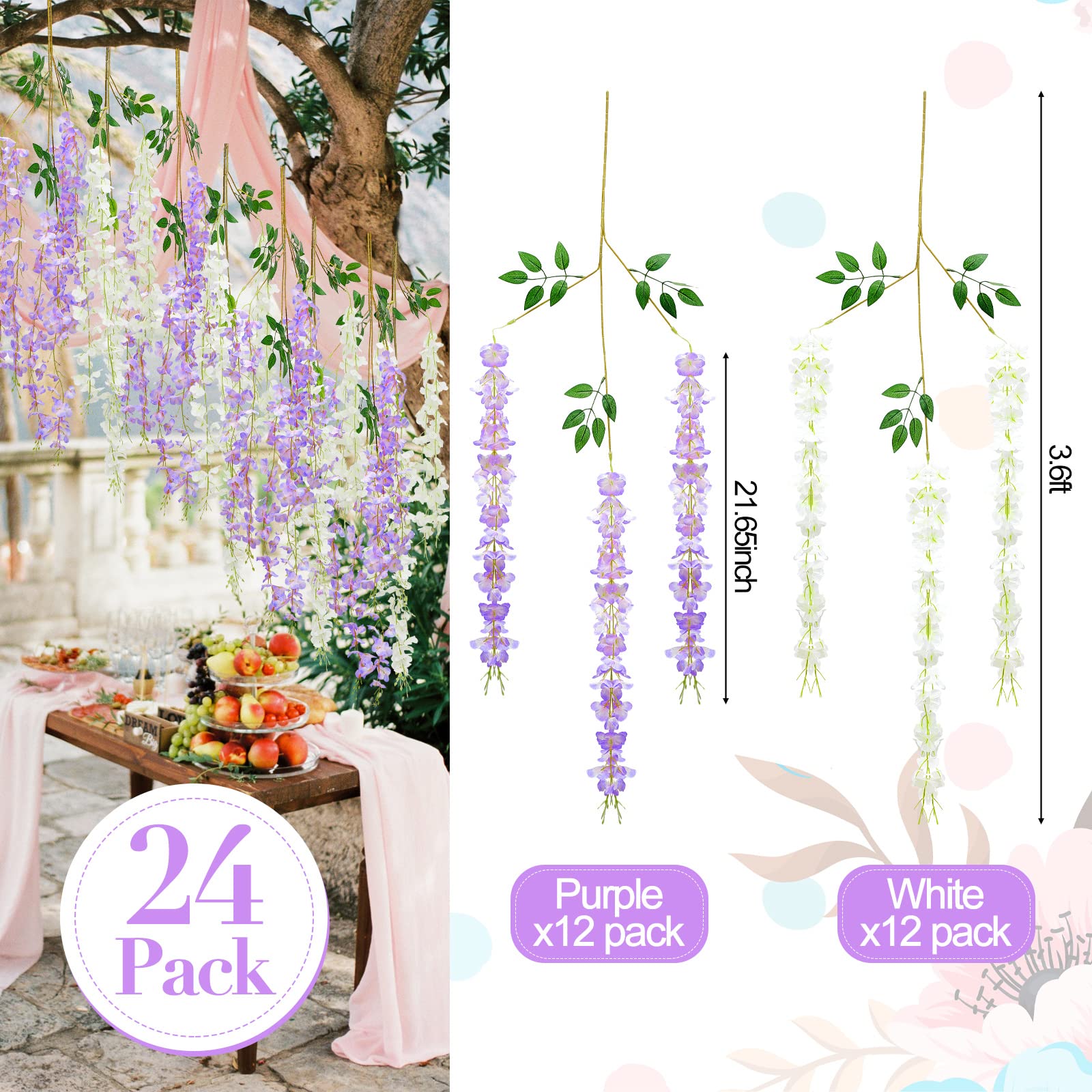 Artificial Wisteria Hanging Flowers 3.6 ft Artificial Fake Wisteria Vine Rattan Hanging Garland Silk Flowers String for Wall Home Wedding Party Greenery Decorations (Purple, White,24 Pcs)