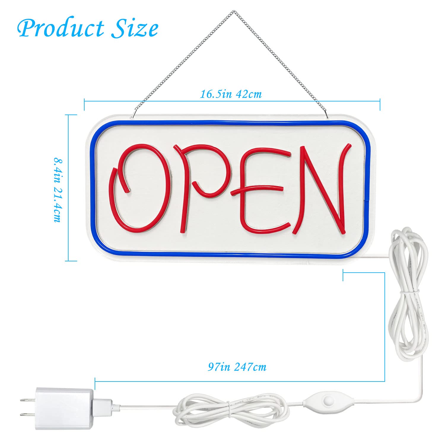 Neon Open Sign, Open Signs for Business, 16.5"x 8.4" Open Sign Led, Open Signs for Business Window With Adjustable Brightness, Open Neon Sign, Powered by USB with ON/OFF Switch