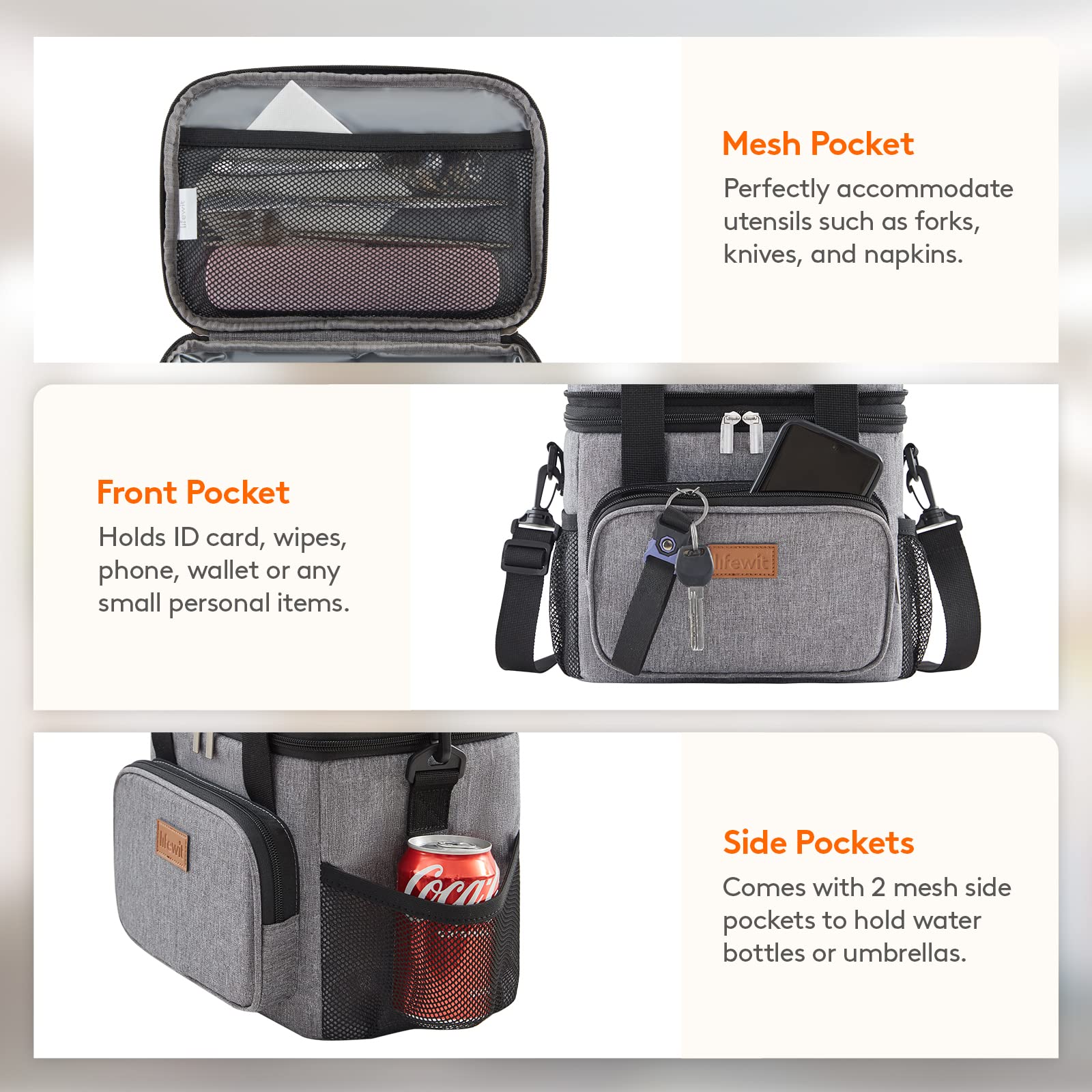 Lifewit Lunch Box for Men Women Double Deck Lunch Bag, Large Insulated Soft Cooler Bag, Leakproof Soft Meal Prep Lunch Tote with Shoulder Strap for Adults for Work/Flight/Travel, 12L/16Can, Grey
