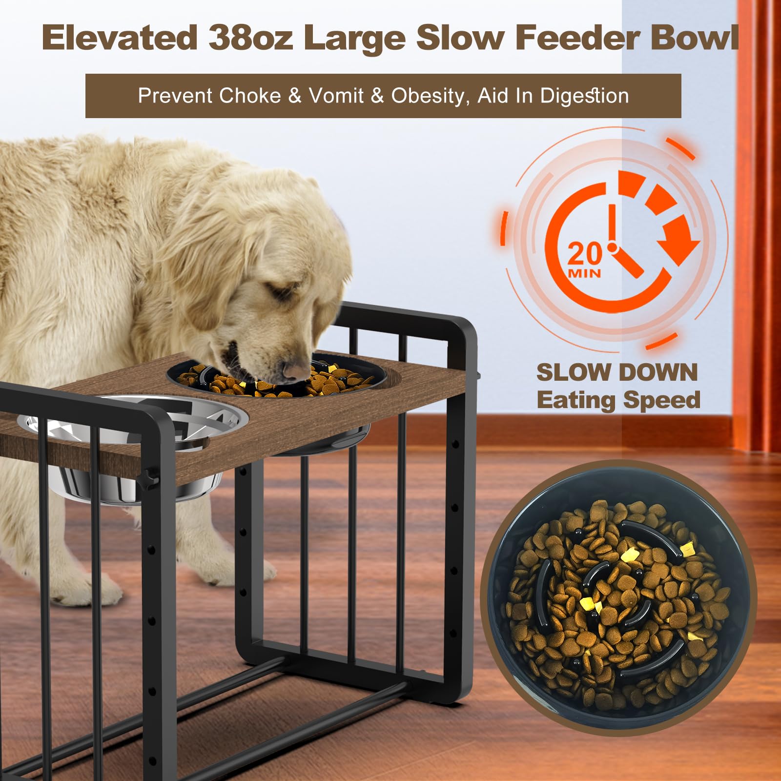 Elevated Non-Slip Metal Raised Dog Bowl Stand - 5 Height Adjustable, Slow Feeder & 2 Thick 54oz Stainless Steel Dog Food Bowls For Medium Large Dogs