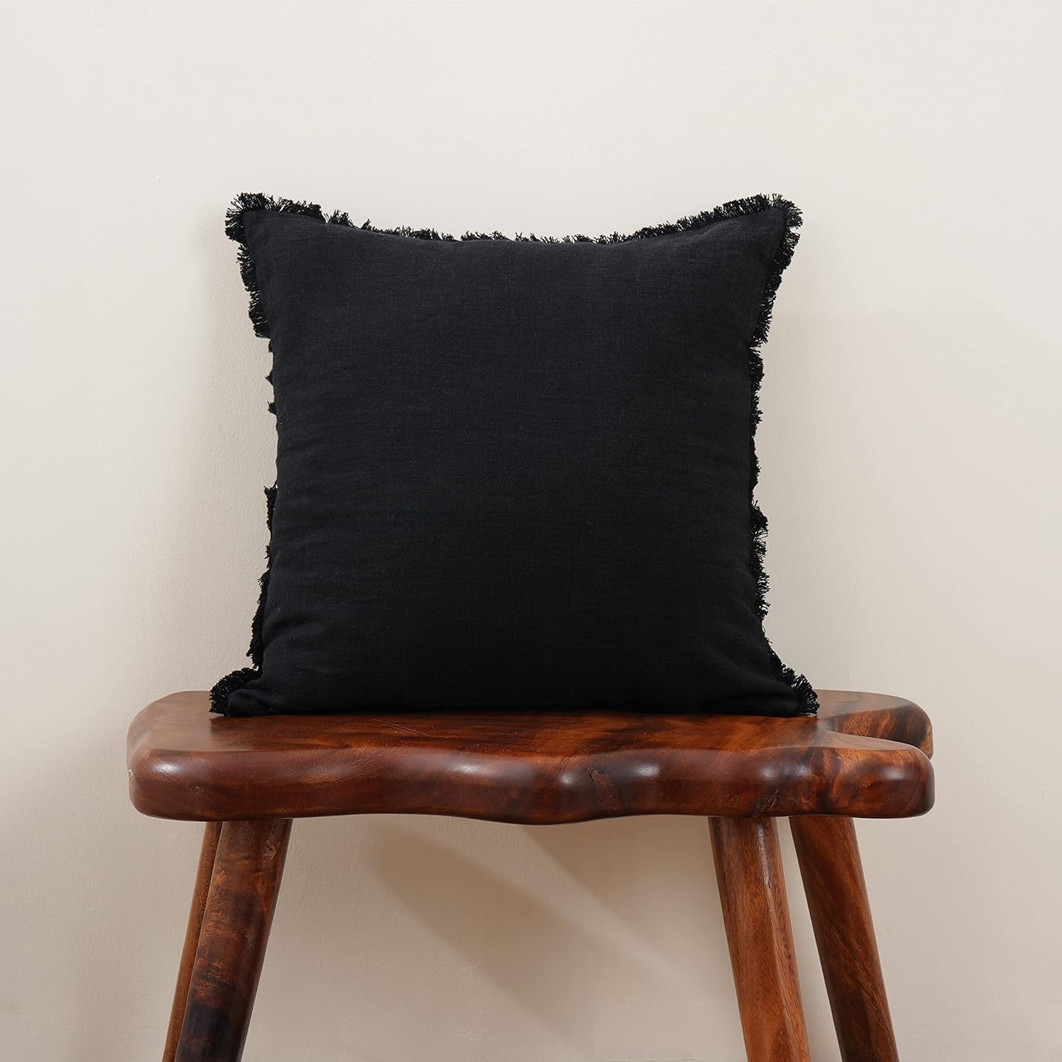 Linen Fringed Throw Pillow Cover - Soft Cozy Boho Cushion Covers with Tassel for Couch Sofa Farmhouse Natural Decor Burlap Pillowcase, Black 18x18 inches
