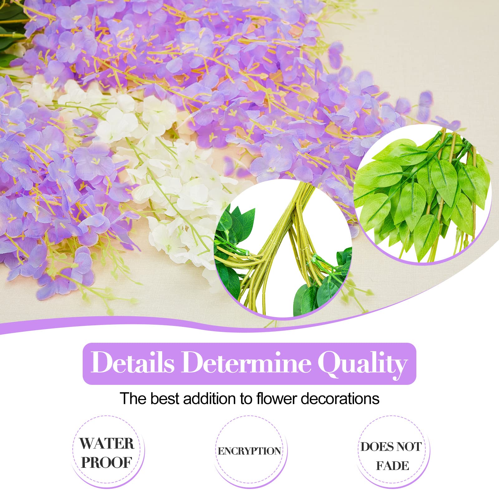 Artificial Wisteria Hanging Flowers 3.6 ft Artificial Fake Wisteria Vine Rattan Hanging Garland Silk Flowers String for Wall Home Wedding Party Greenery Decorations (Purple, White,24 Pcs)