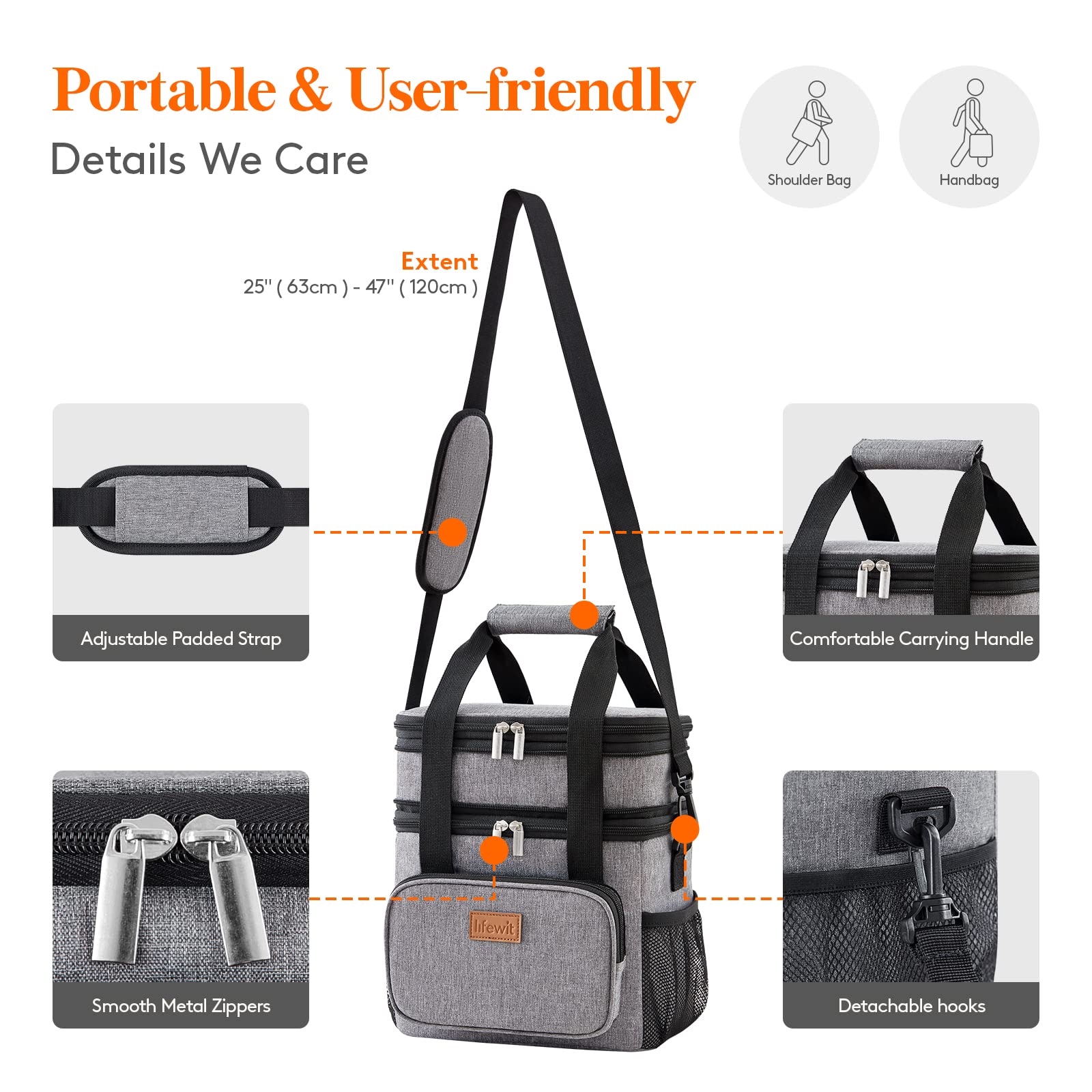 Lifewit Lunch Box for Men Women Double Deck Lunch Bag, Large Insulated Soft Cooler Bag, Leakproof Soft Meal Prep Lunch Tote with Shoulder Strap for Adults for Work/Flight/Travel, 12L/16Can, Grey