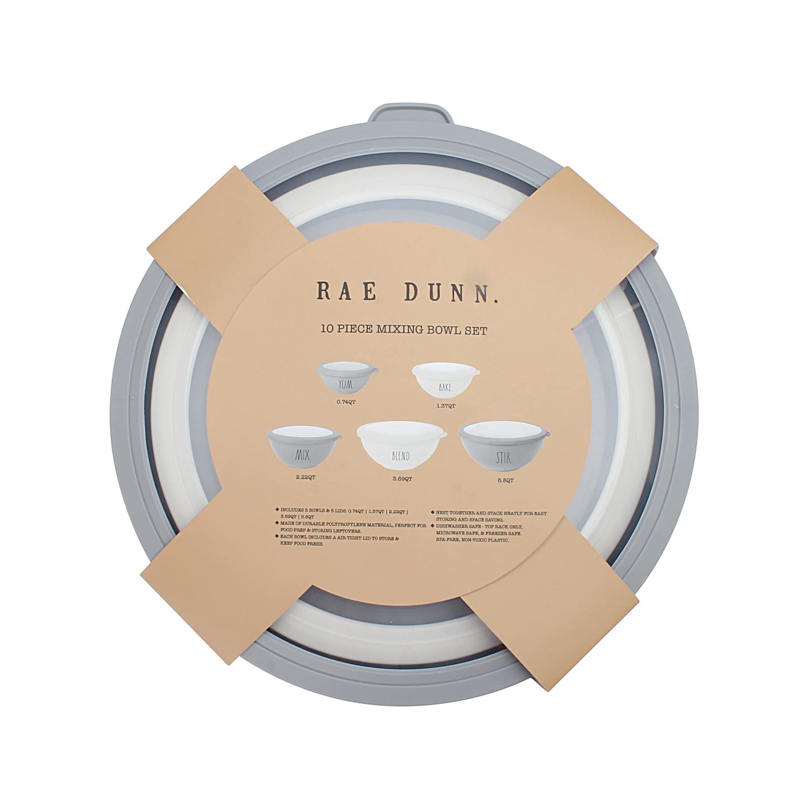 Rae Dunn Mixing Bowls with Lids - 10 Piece Plastic Nesting Bowls Set includes 5 Prep Bowls and 5 Lids (Grey)