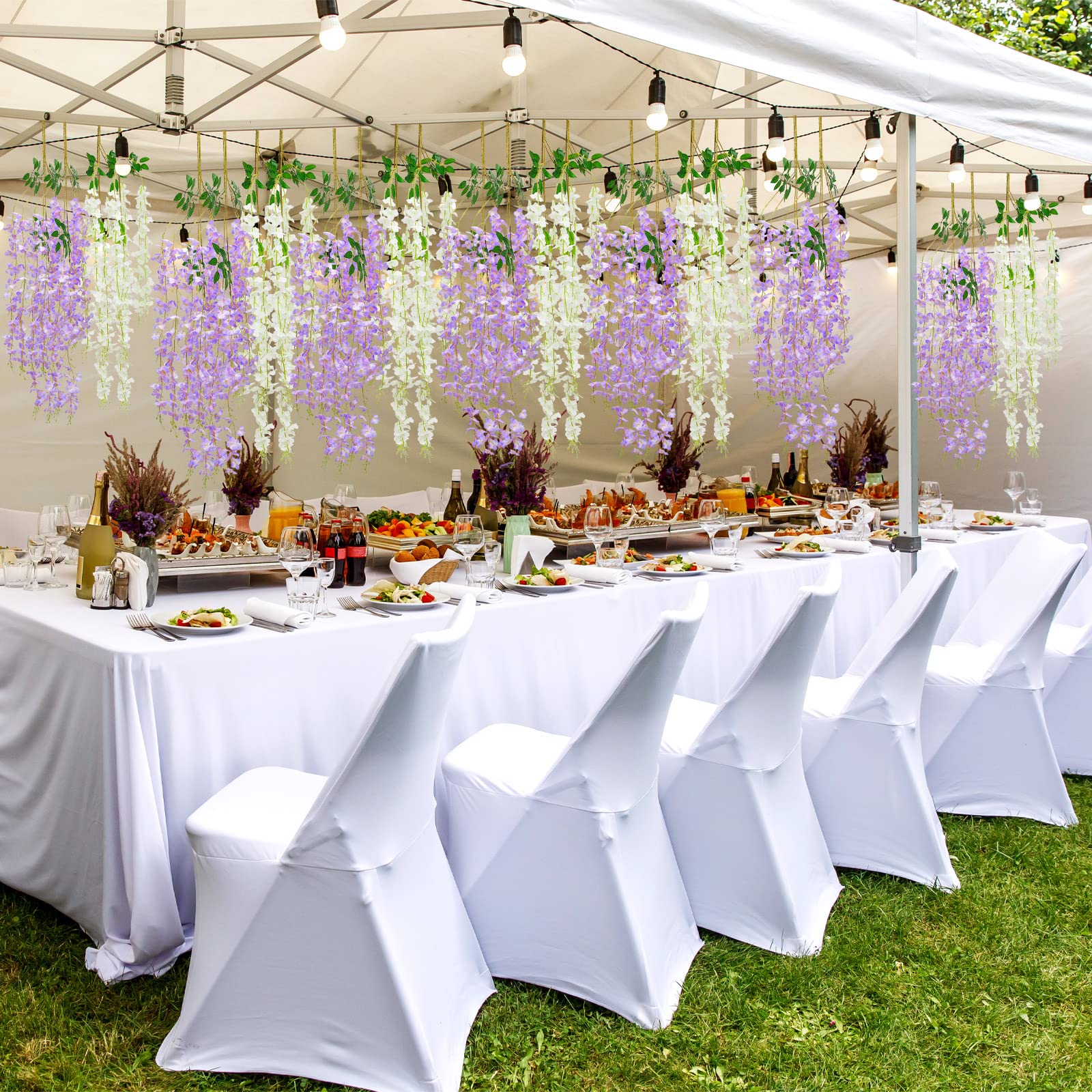 Artificial Wisteria Hanging Flowers 3.6 ft Artificial Fake Wisteria Vine Rattan Hanging Garland Silk Flowers String for Wall Home Wedding Party Greenery Decorations (Purple, White,24 Pcs)