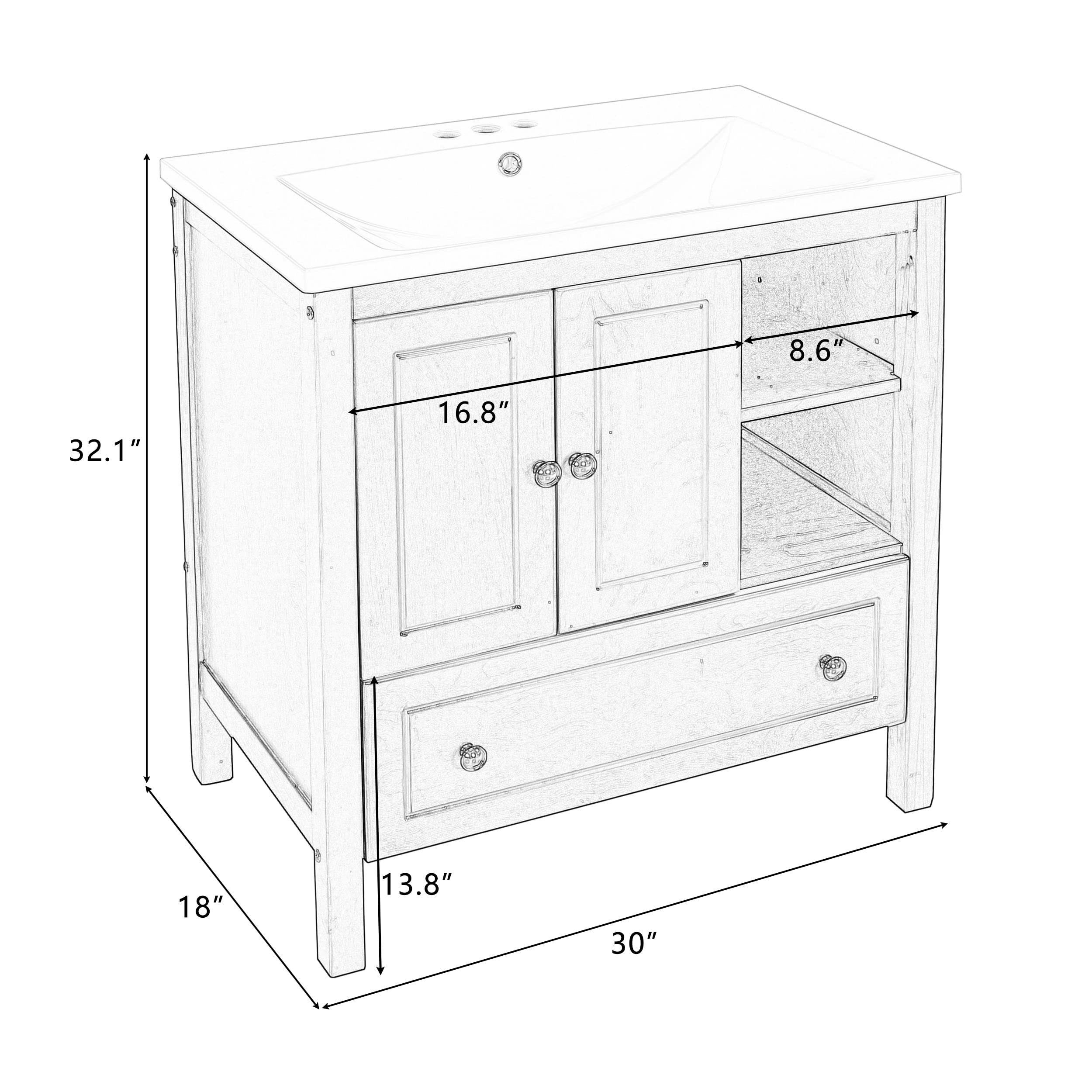 LUMISOL 30" Bathroom Vanity with Sink, Modern Bathroom Vanities with Soft-Closing Doors and Storage Drawer, Solid Wood Bathroom Cabinet with Ceramic Sink, Grey